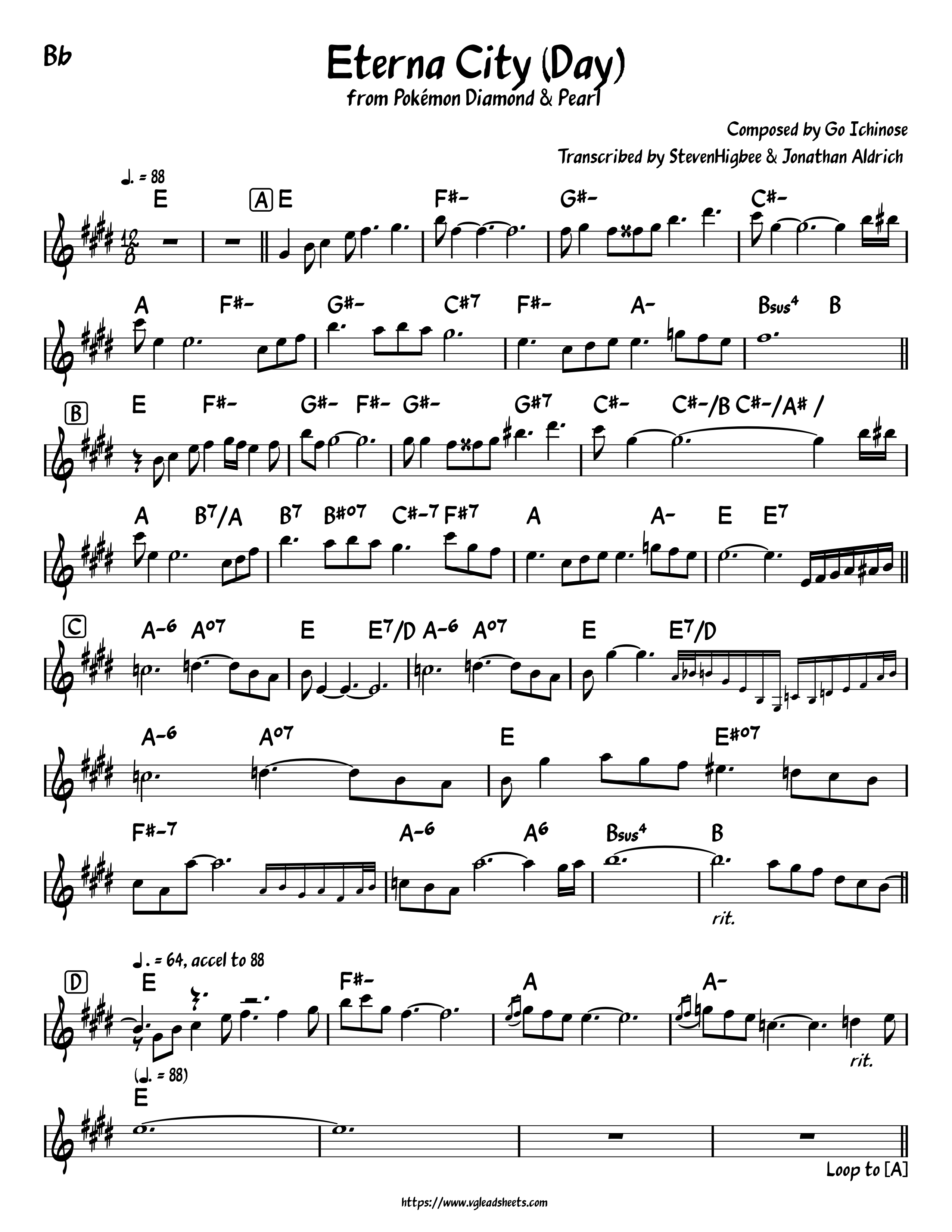 Pokémon Diamond & Pearl - Eterna City (Day) | VGLeadSheets.com - Lead ...