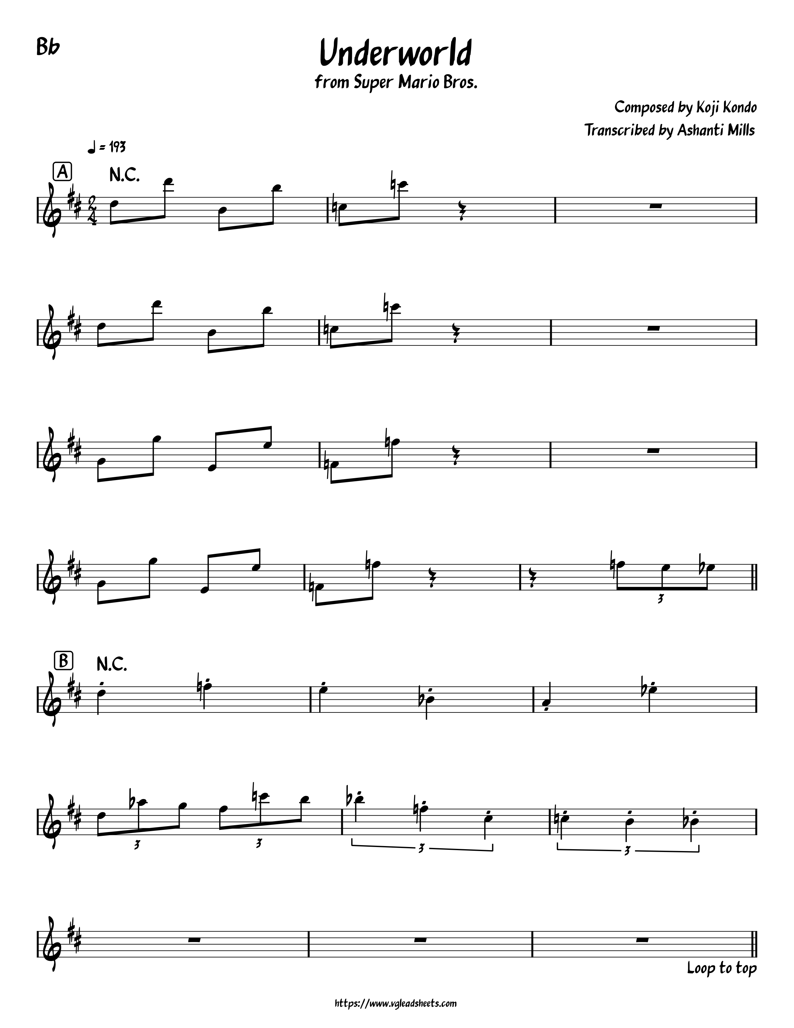 Super Mario Bros. - Underworld | VGLeadSheets.com - Lead Sheets by ...
