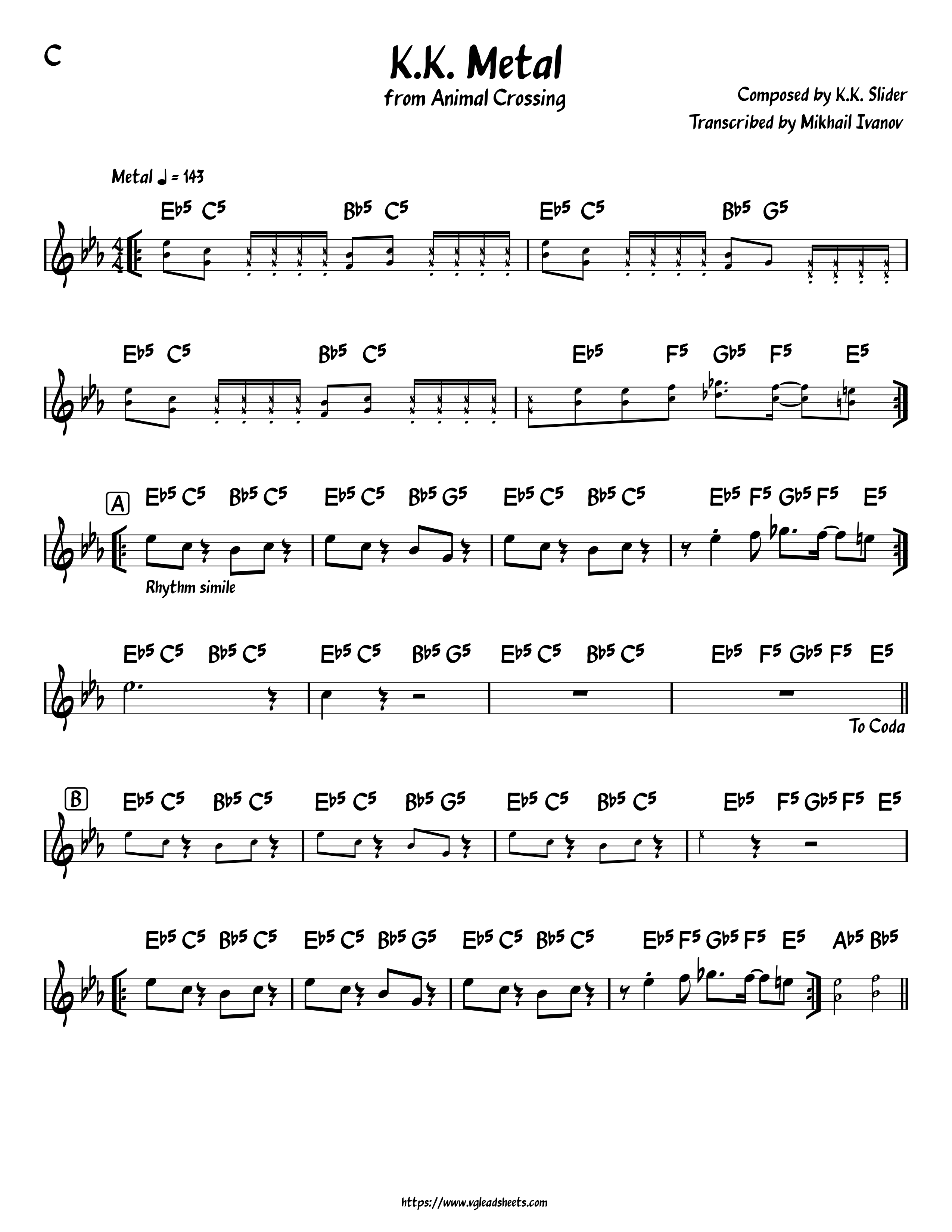 Animal Crossing - K.K. Metal | VGLeadSheets.com - Lead Sheets by Gamers ...