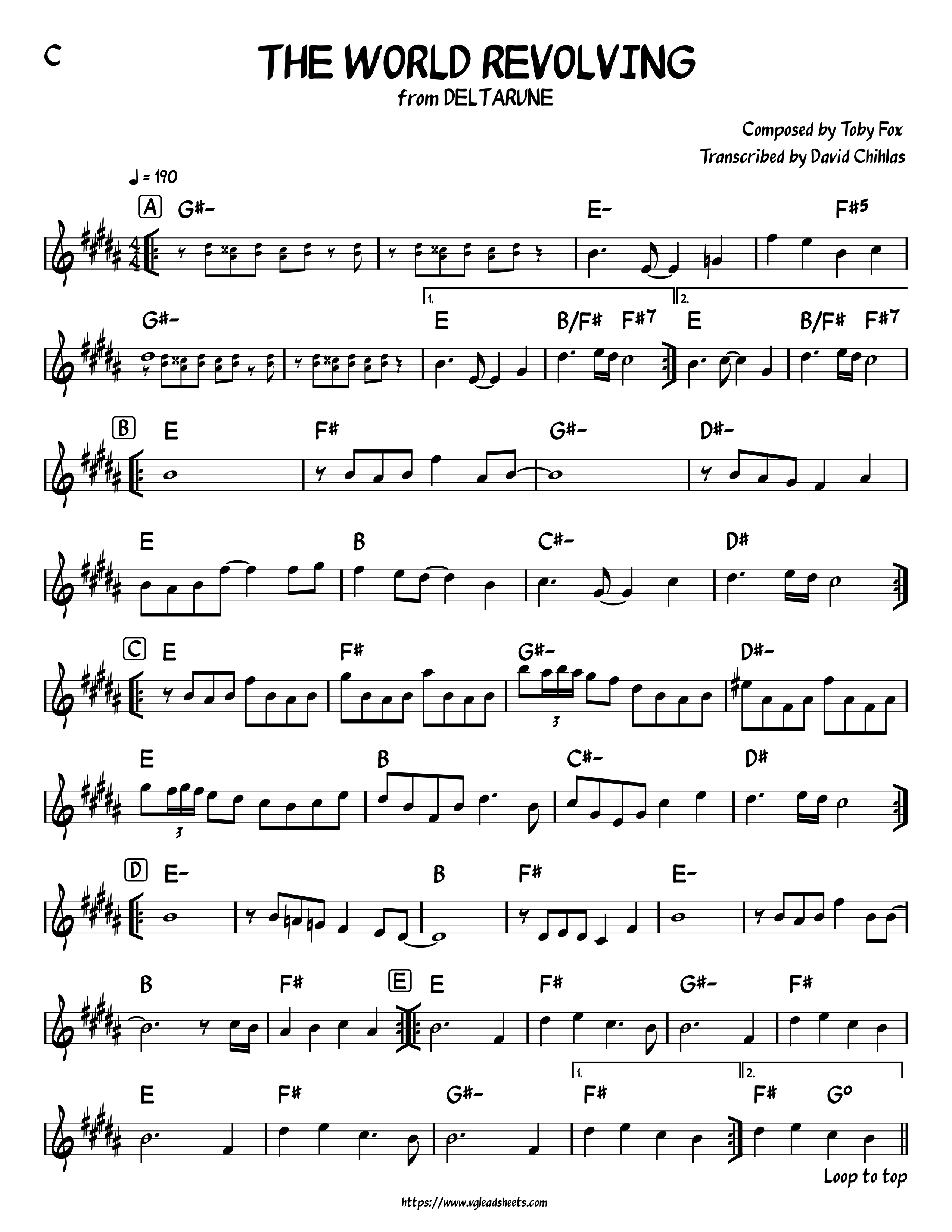DELTARUNE - THE WORLD REVOLVING | VGLeadSheets.com - Lead Sheets by ...