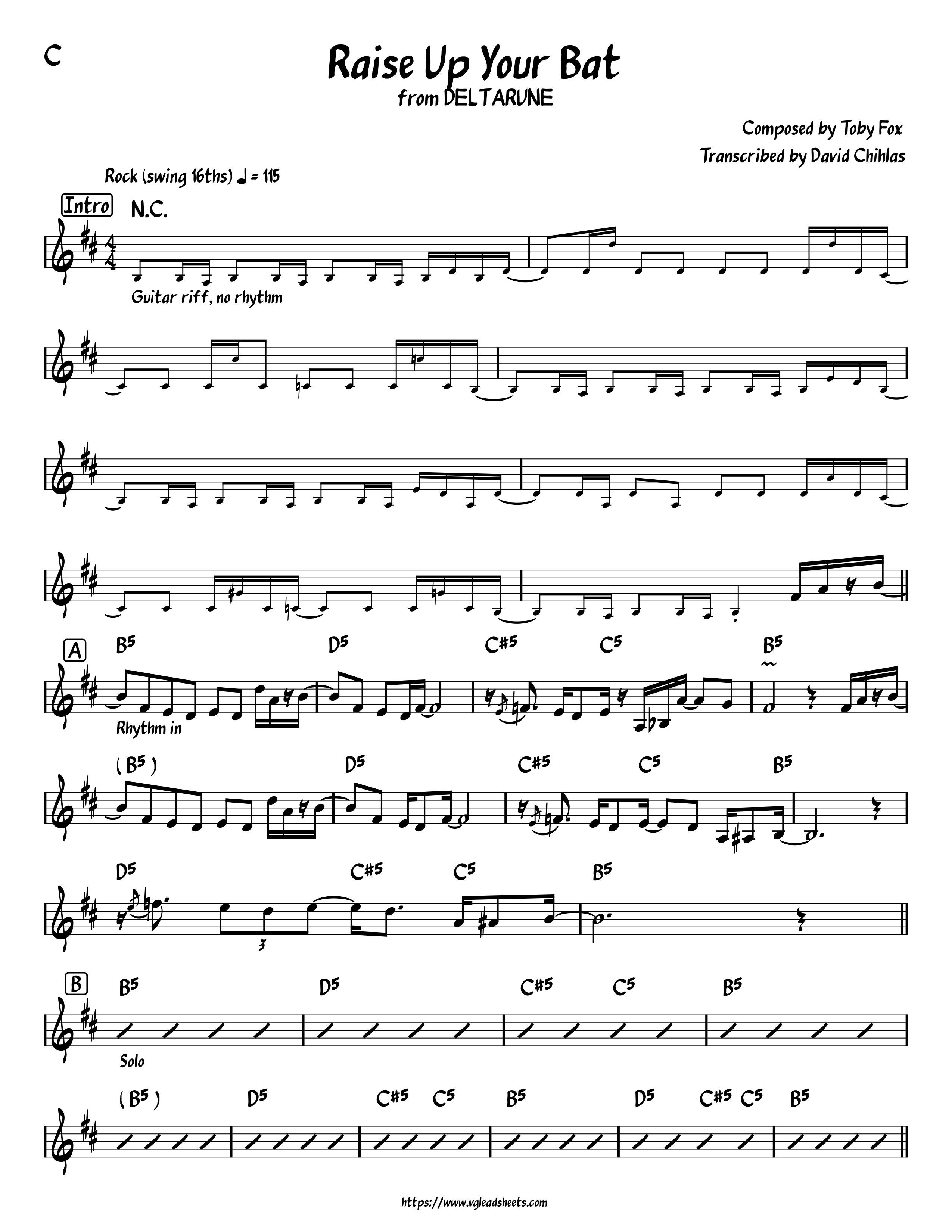 DELTARUNE - Raise Up Your Bat | VGLeadSheets.com - Lead Sheets by ...