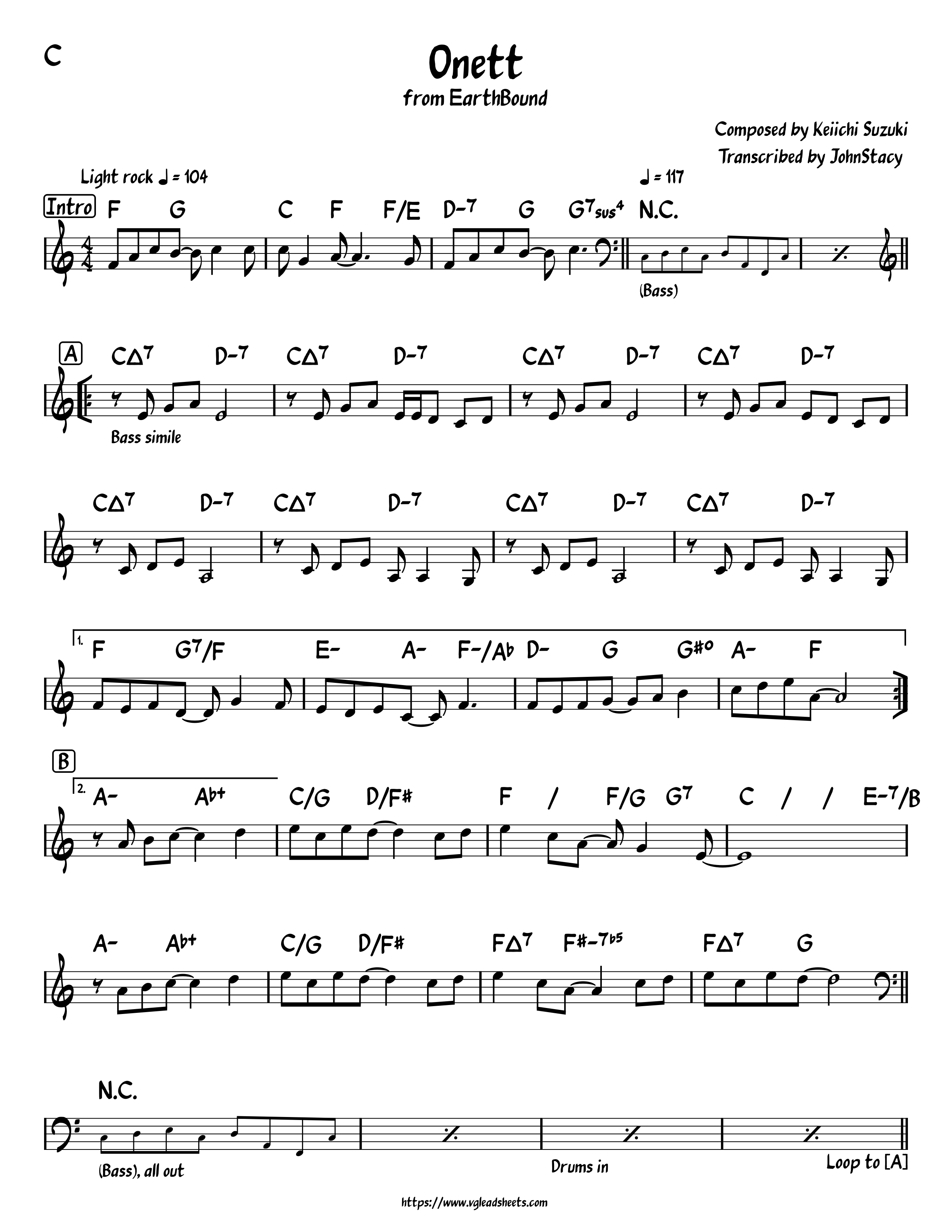 EarthBound - Onett | VGLeadSheets.com - Lead Sheets by Gamers, for ...