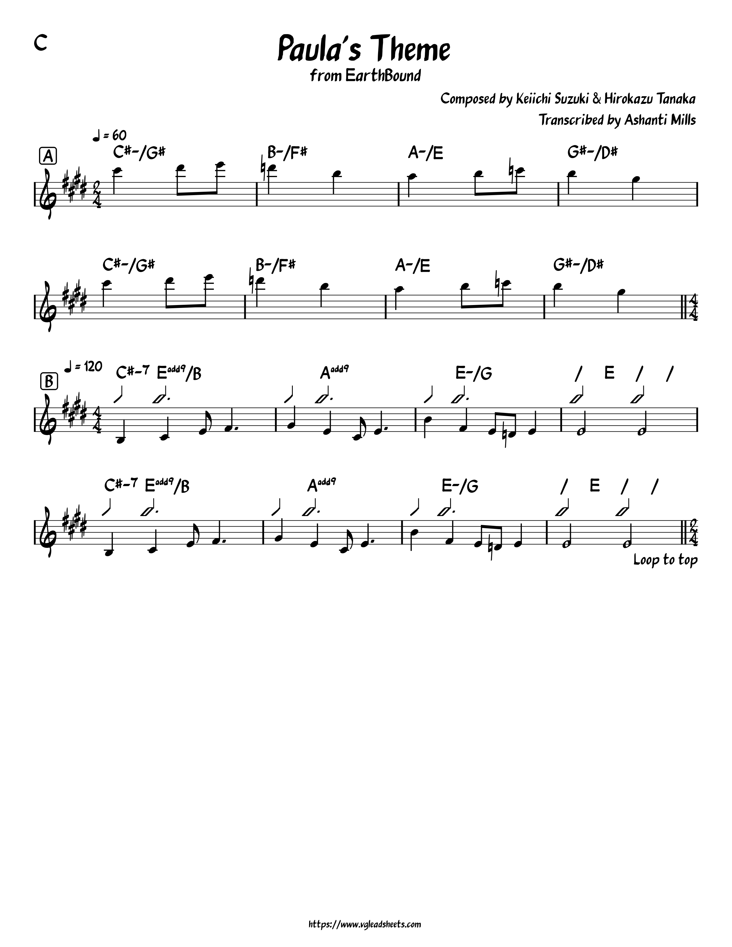 EarthBound - Paula's Theme | VGLeadSheets.com - Lead Sheets by Gamers ...