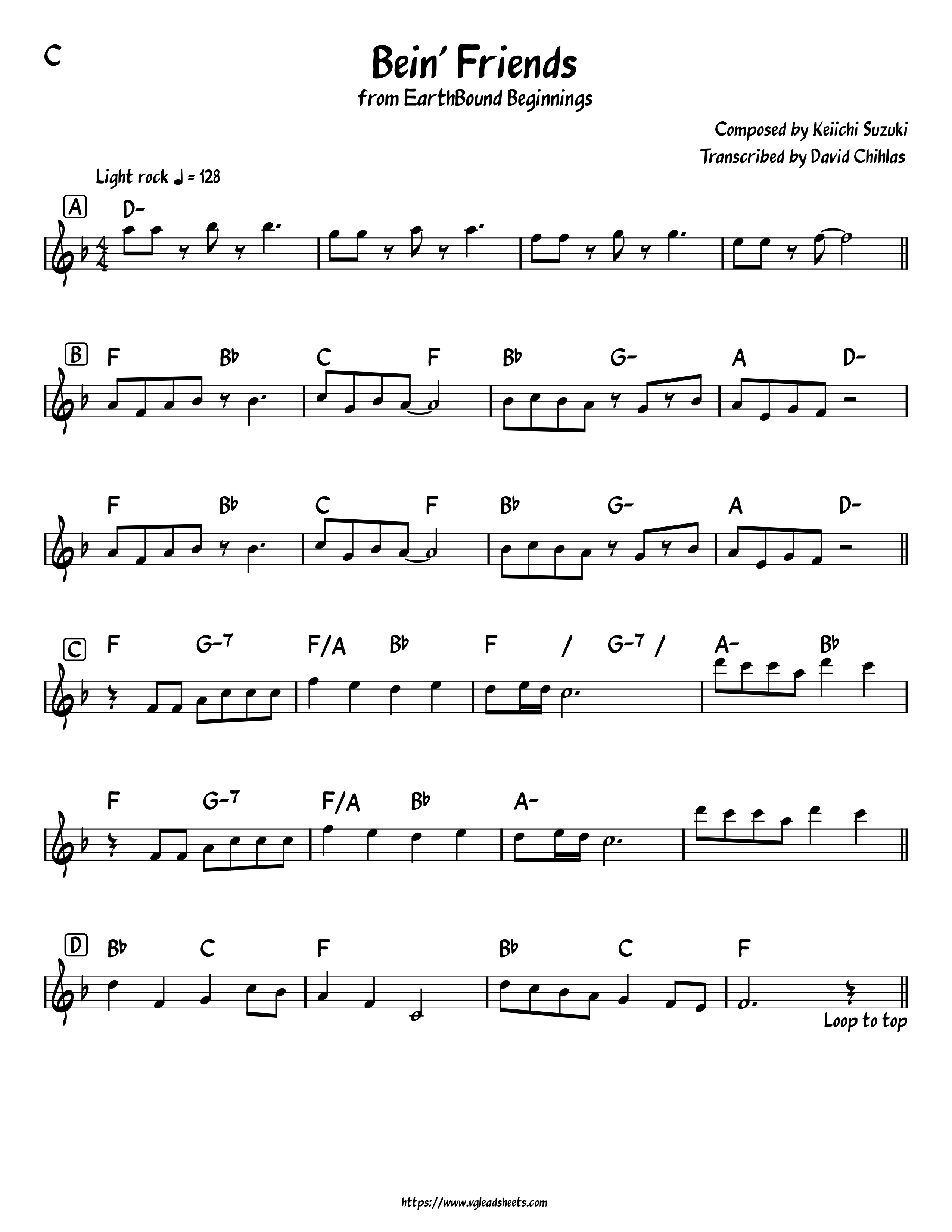 EarthBound Beginnings - Bein' Friends | VGLeadSheets.com - Lead Sheets ...