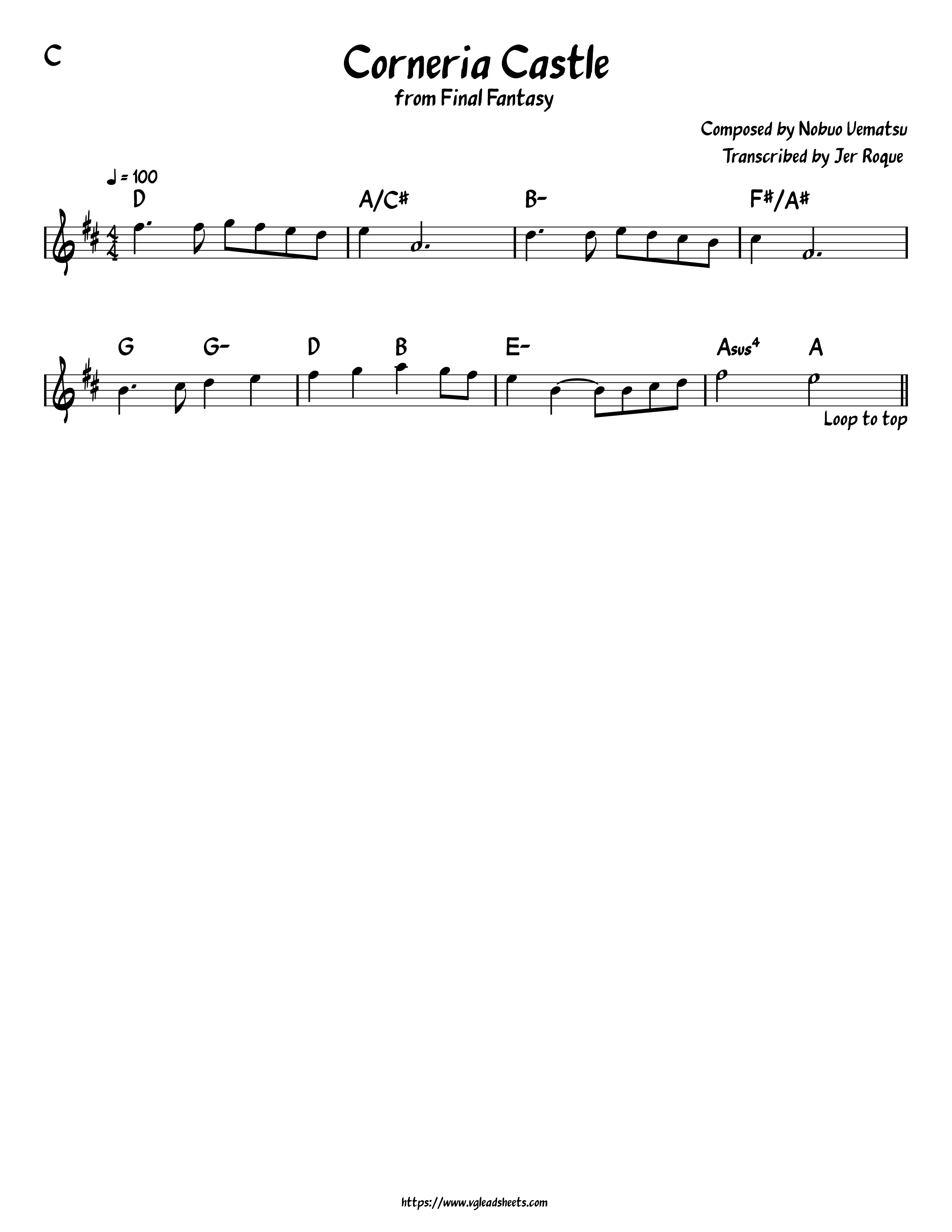 Final Fantasy - Corneria Castle | VGLeadSheets.com - Lead Sheets by ...