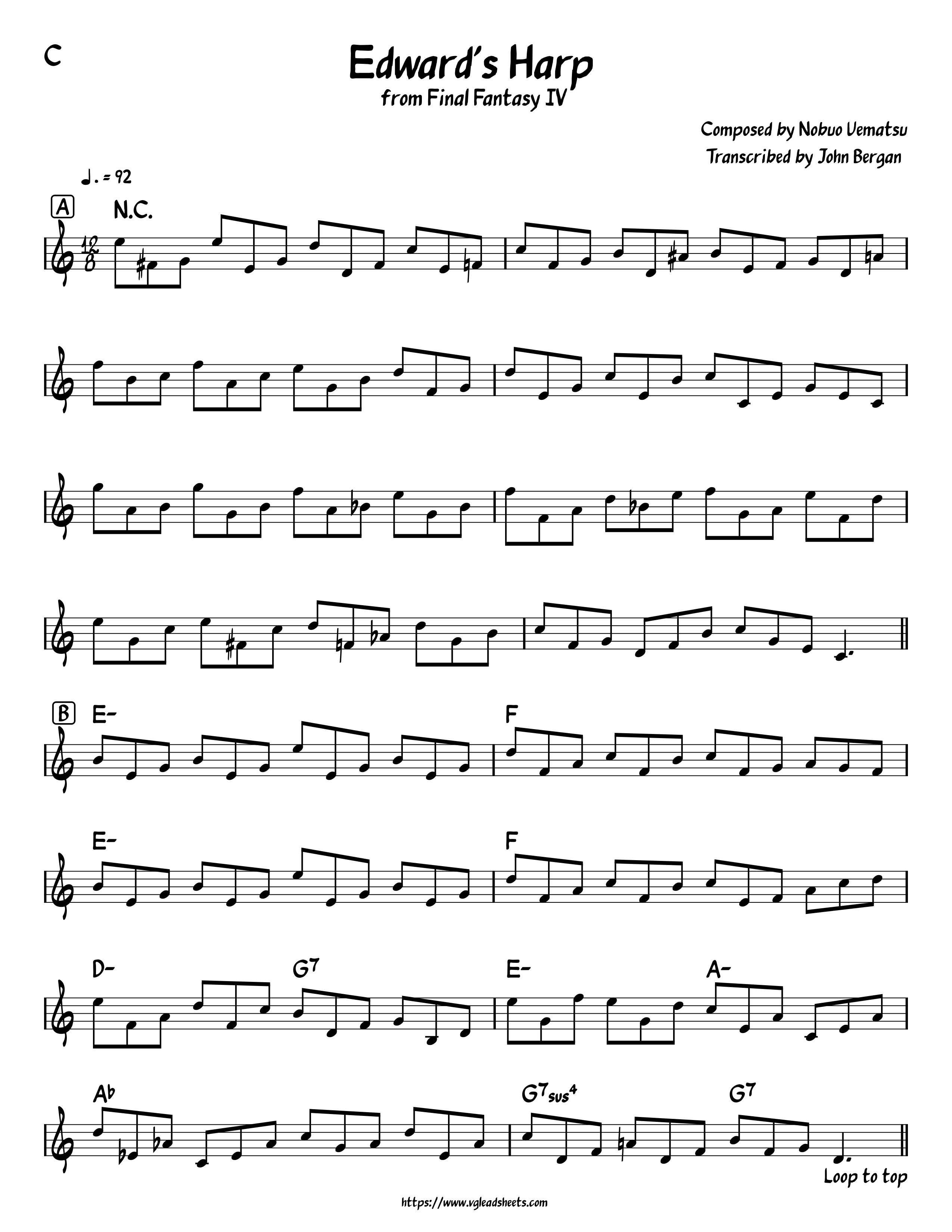 Final Fantasy IV - Edward's Harp | VGLeadSheets.com - Lead Sheets by ...