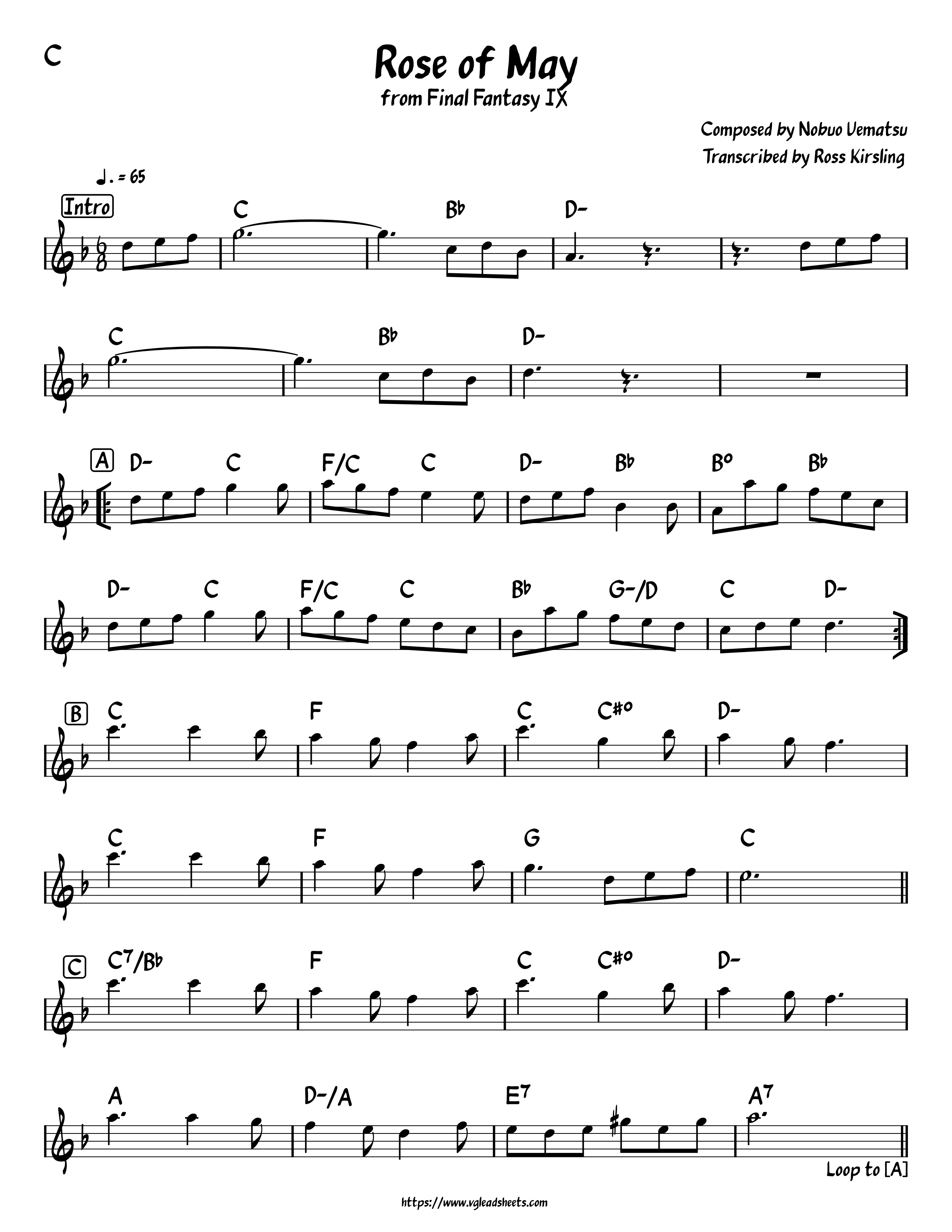 Final Fantasy IX - Rose of May | VGLeadSheets.com - Lead Sheets by ...