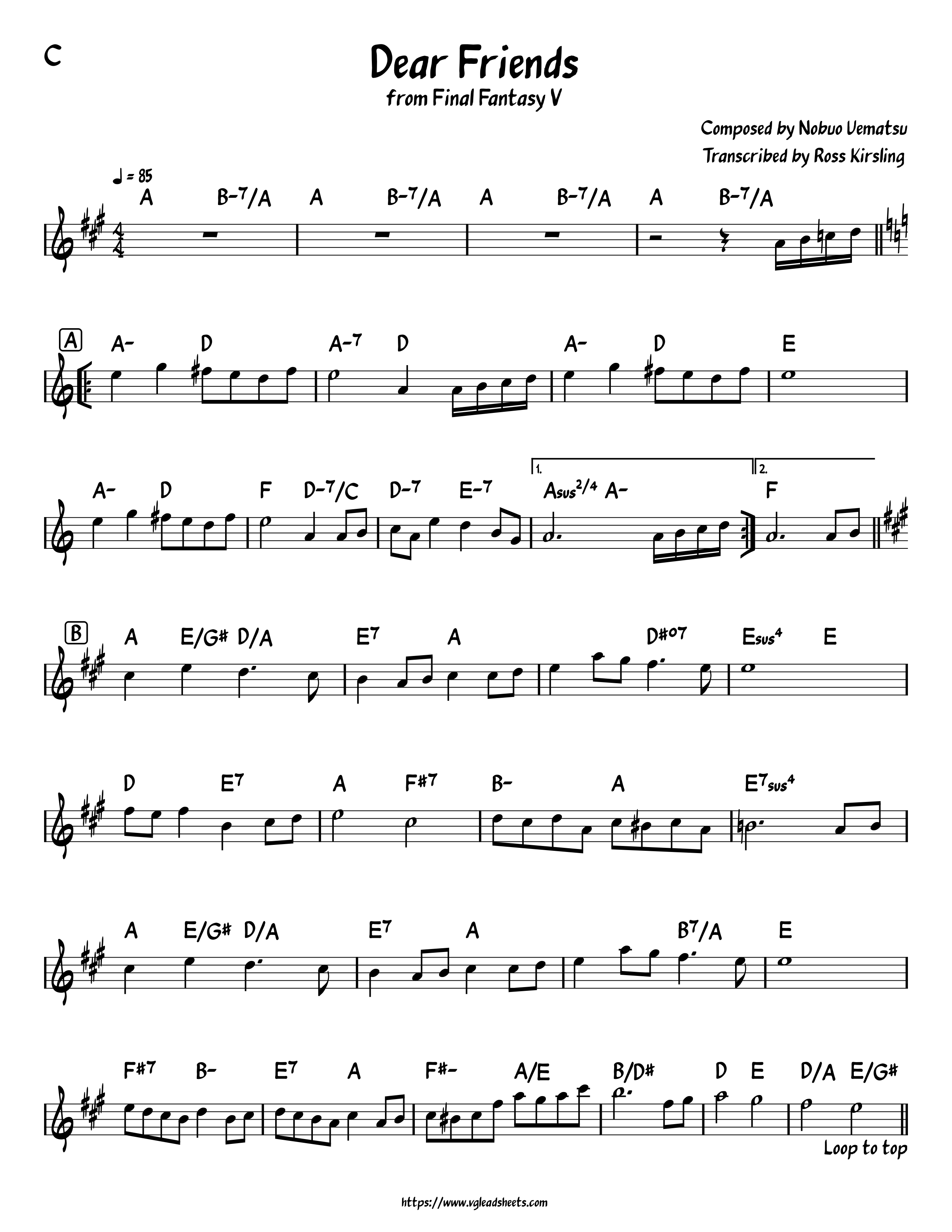 Final Fantasy V - Dear Friends | VGLeadSheets.com - Lead Sheets by ...