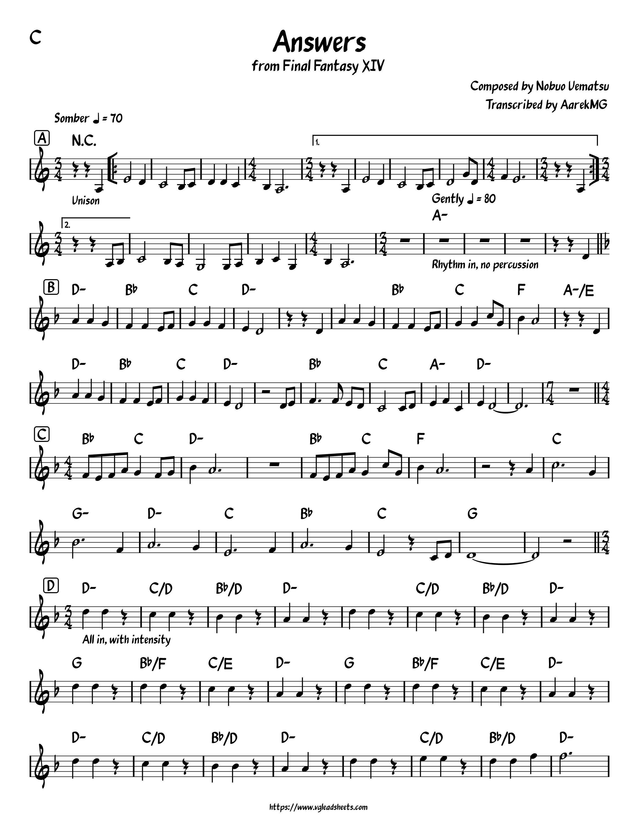 Final Fantasy XIV - Answers | VGLeadSheets.com - Lead Sheets by Gamers ...