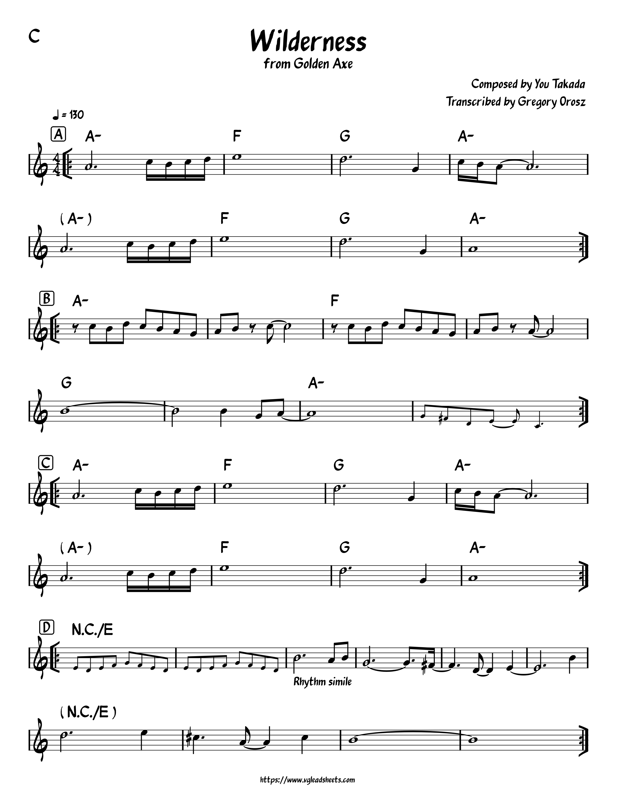 Golden Axe - Wilderness | VGLeadSheets.com - Lead Sheets by Gamers, for ...