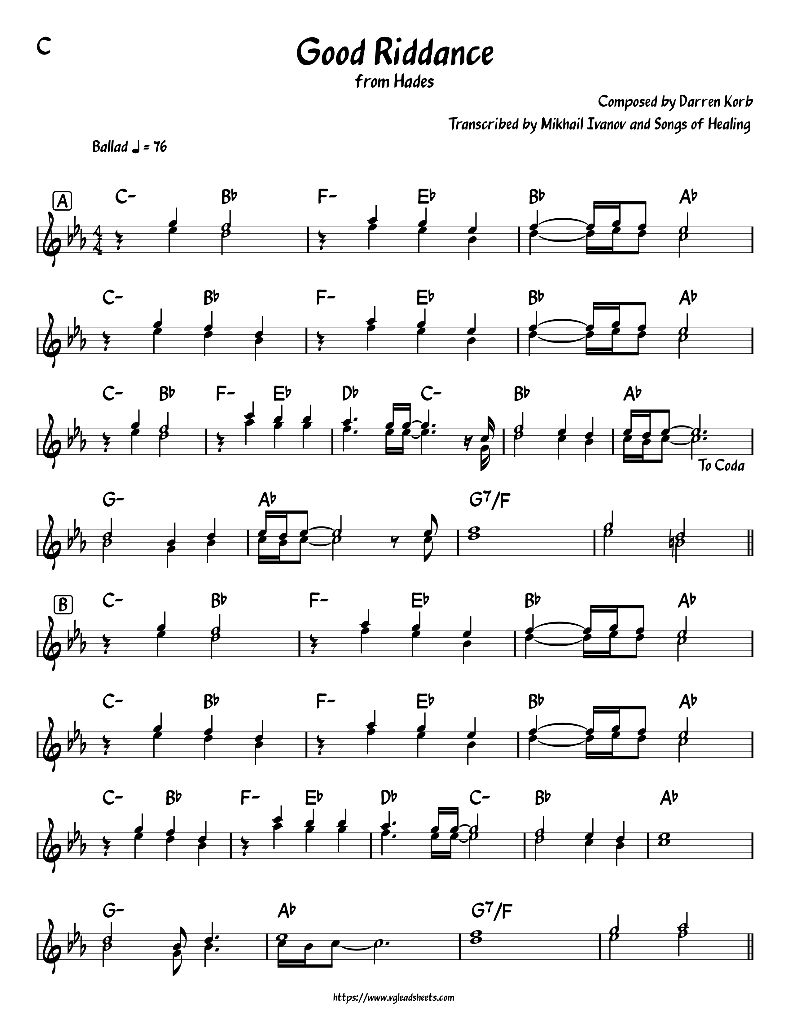 Hades - Good Riddance | VGLeadSheets.com - Lead Sheets by Gamers, for ...