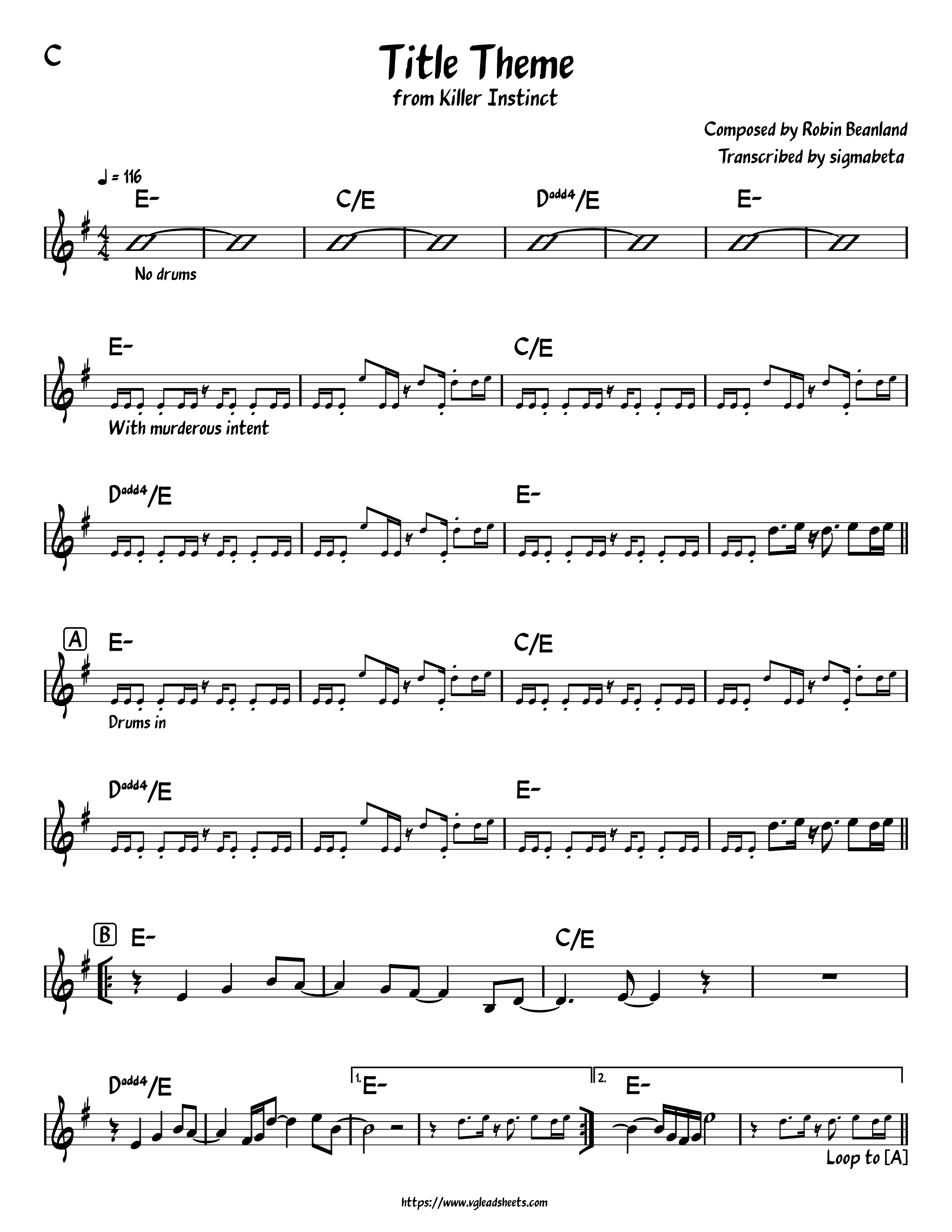 Killer Instinct - The Instinct | VGLeadSheets.com - Lead Sheets by ...