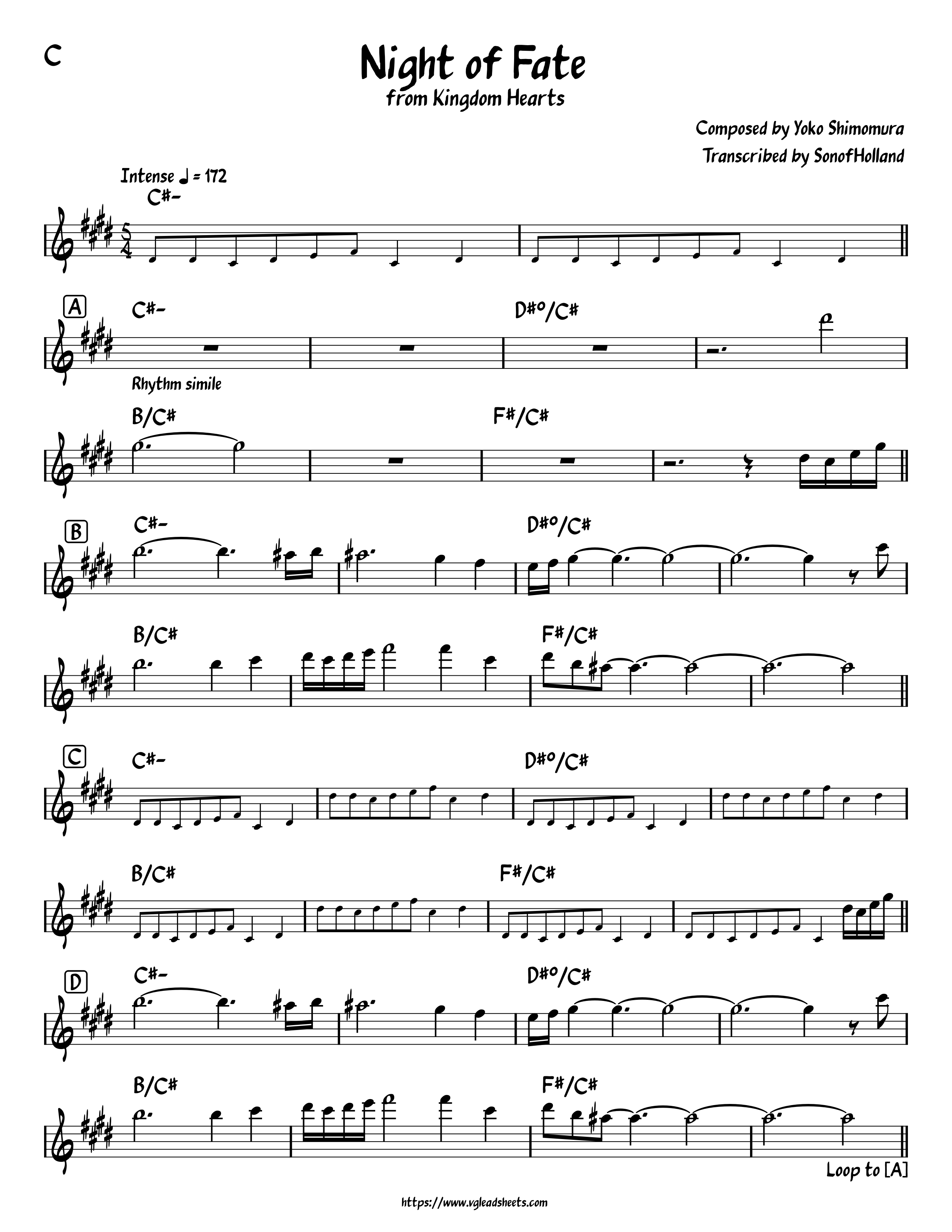 Kingdom Hearts - Night of Fate | VGLeadSheets.com - Lead Sheets by ...