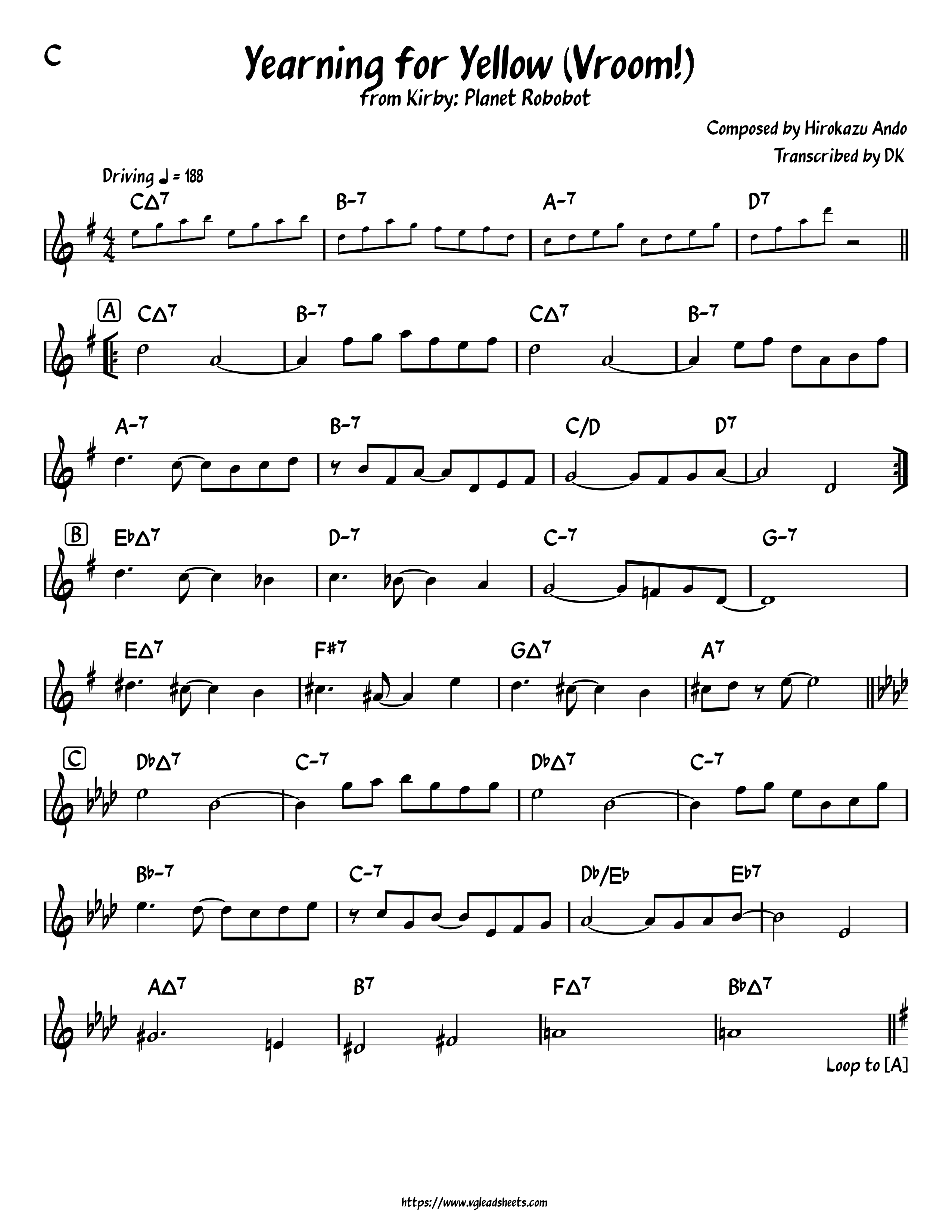 Kirby: Planet Robobot - Yearning for Yellow (Vroom!) | VGLeadSheets.com ...