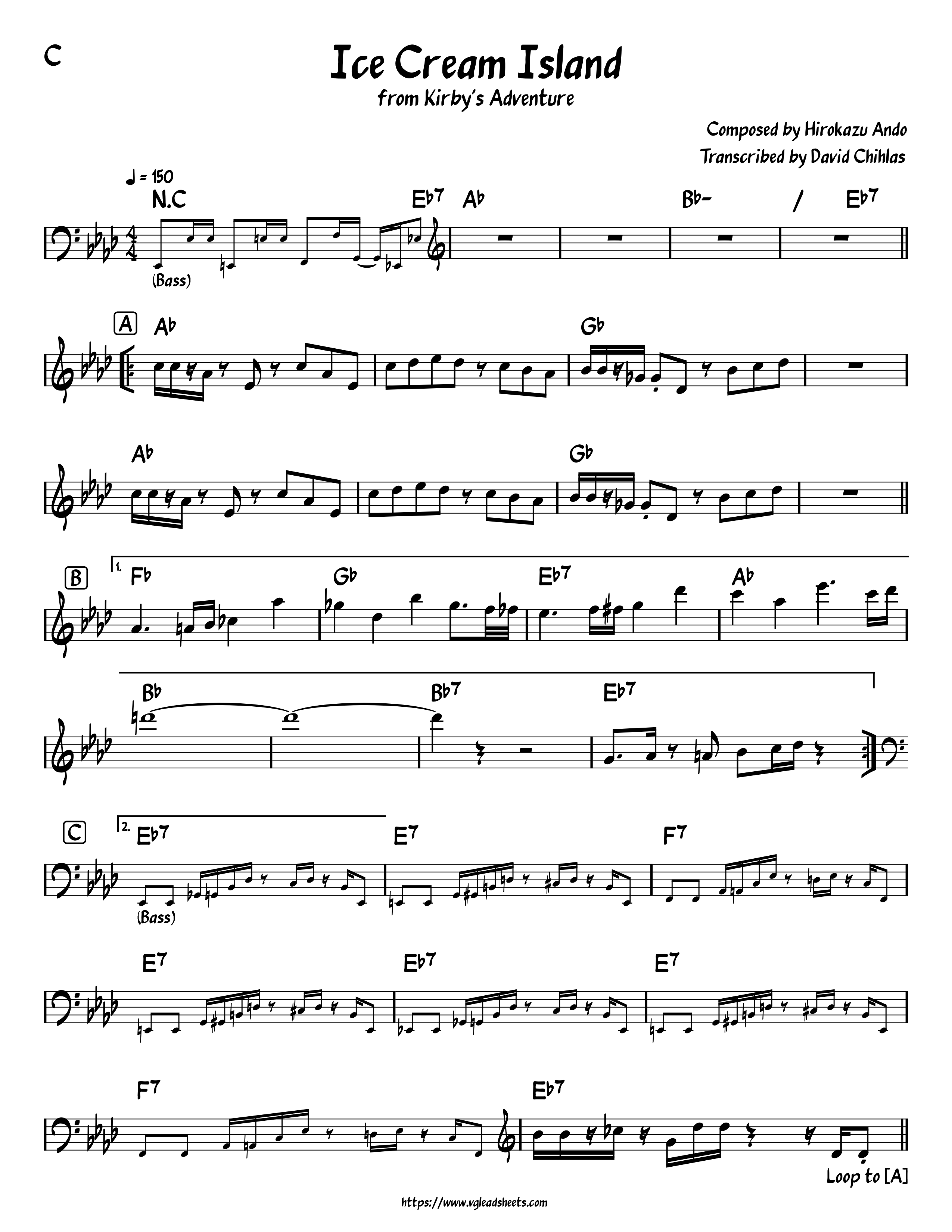 Kirby's Adventure - Ice Cream Island | VGLeadSheets.com - Lead Sheets ...