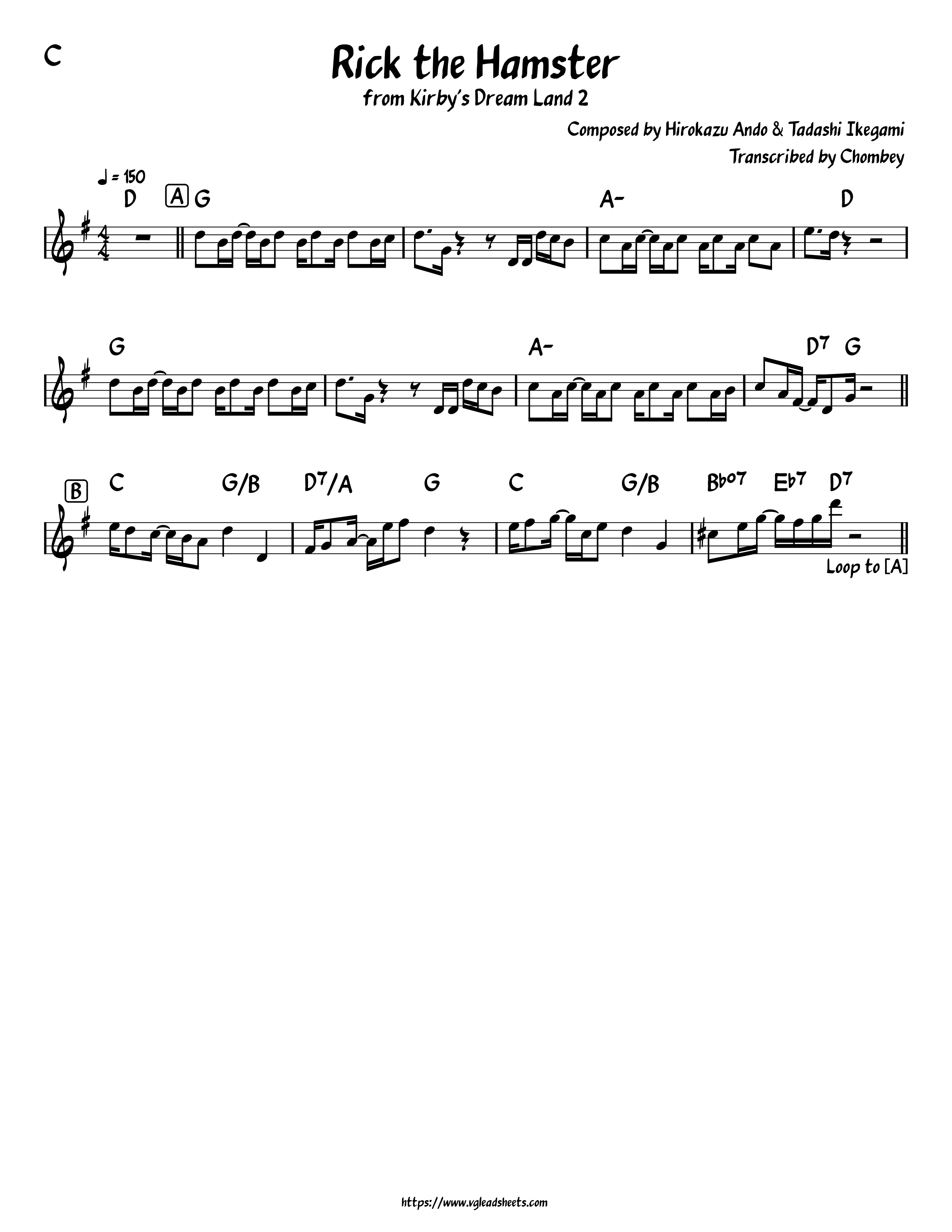 Kirby's Dream Land 2 - Rick the Hamster | VGLeadSheets.com - Lead ...