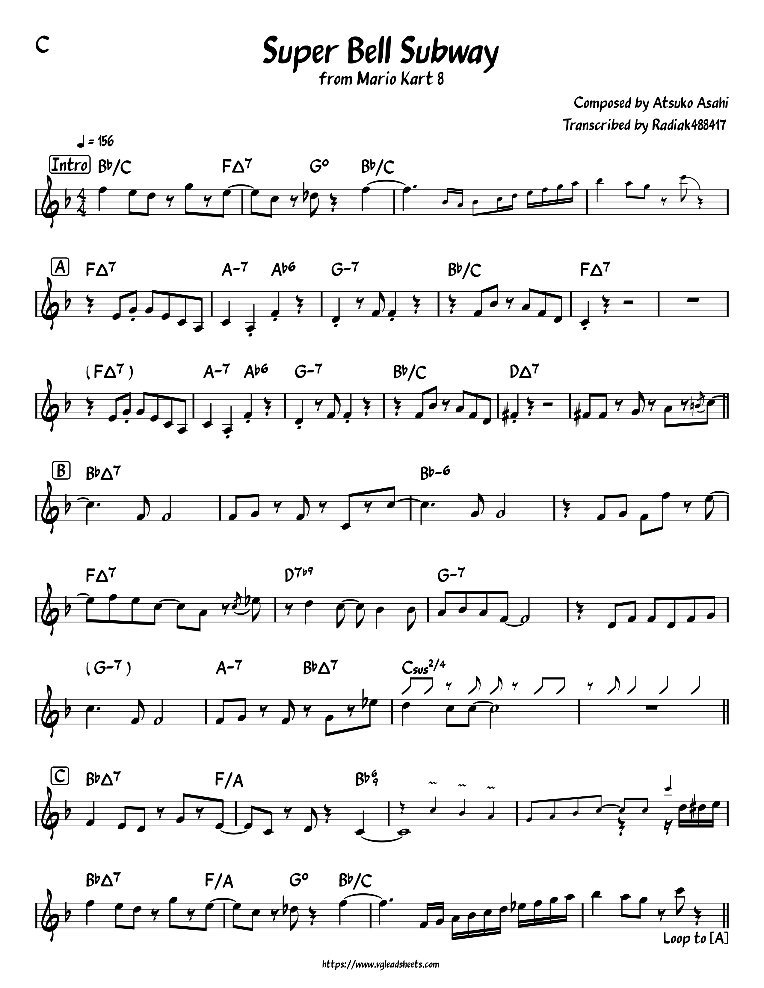 Mario Kart 8 - Super Bell Subway | VGLeadSheets.com - Lead Sheets by ...