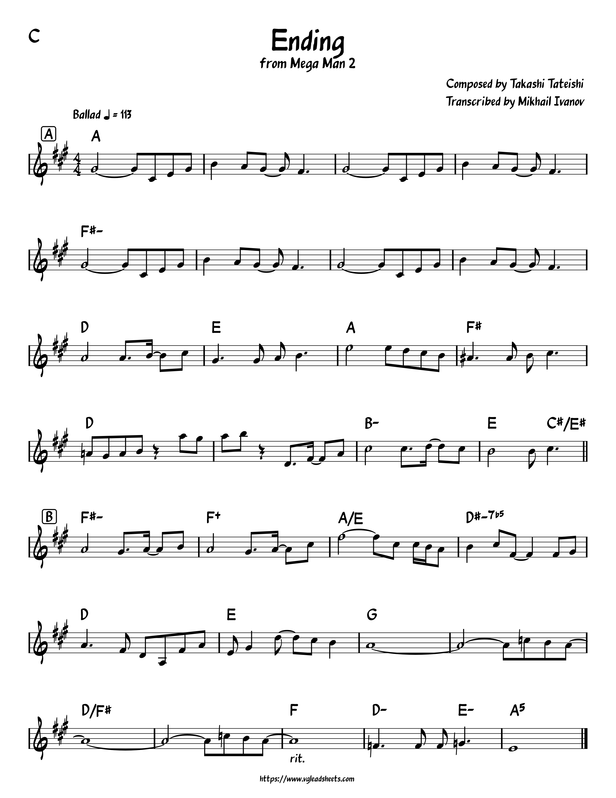 Mega Man 2 - Ending | VGLeadSheets.com - Lead Sheets by Gamers, for ...