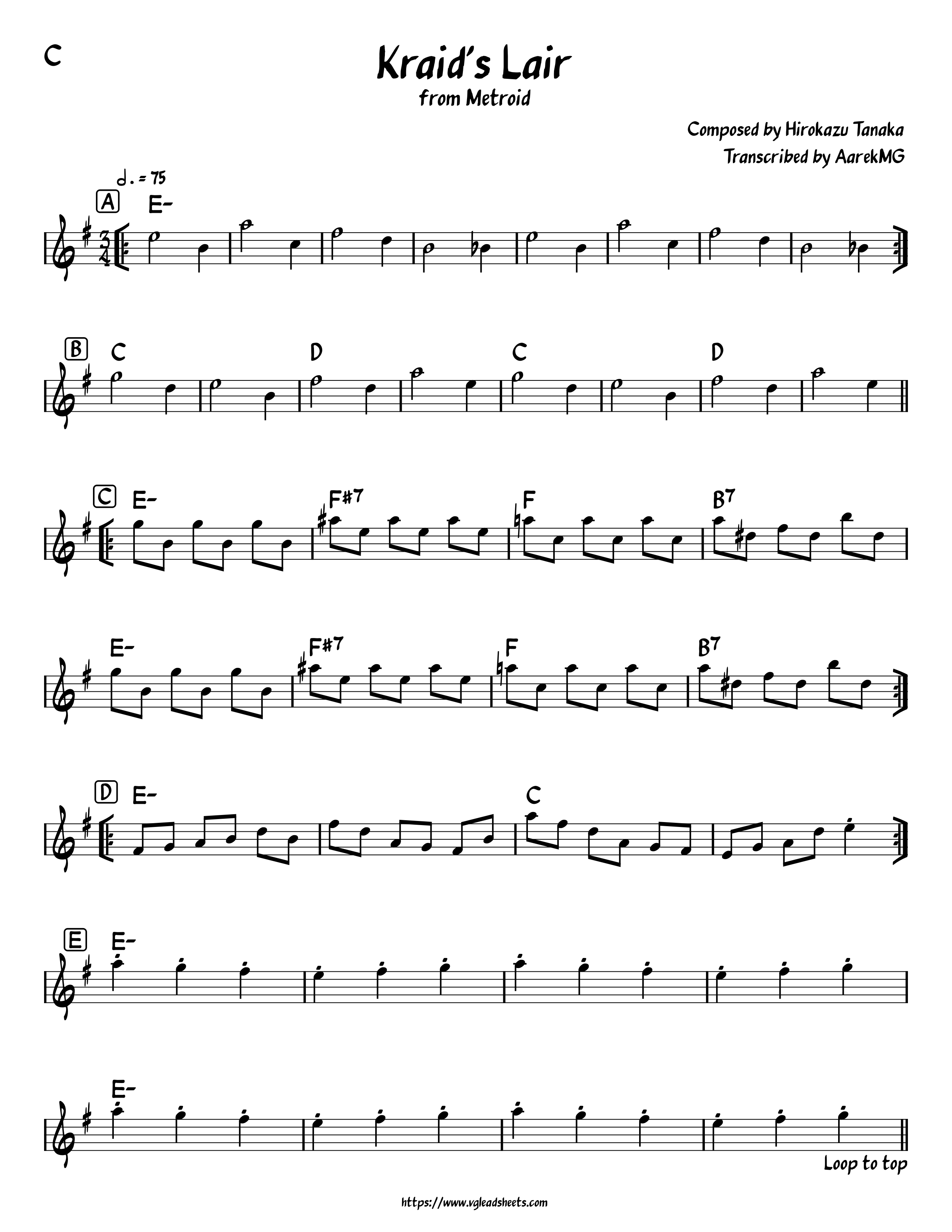 Metroid - Kraid's Lair | VGLeadSheets.com - Lead Sheets by Gamers, for ...