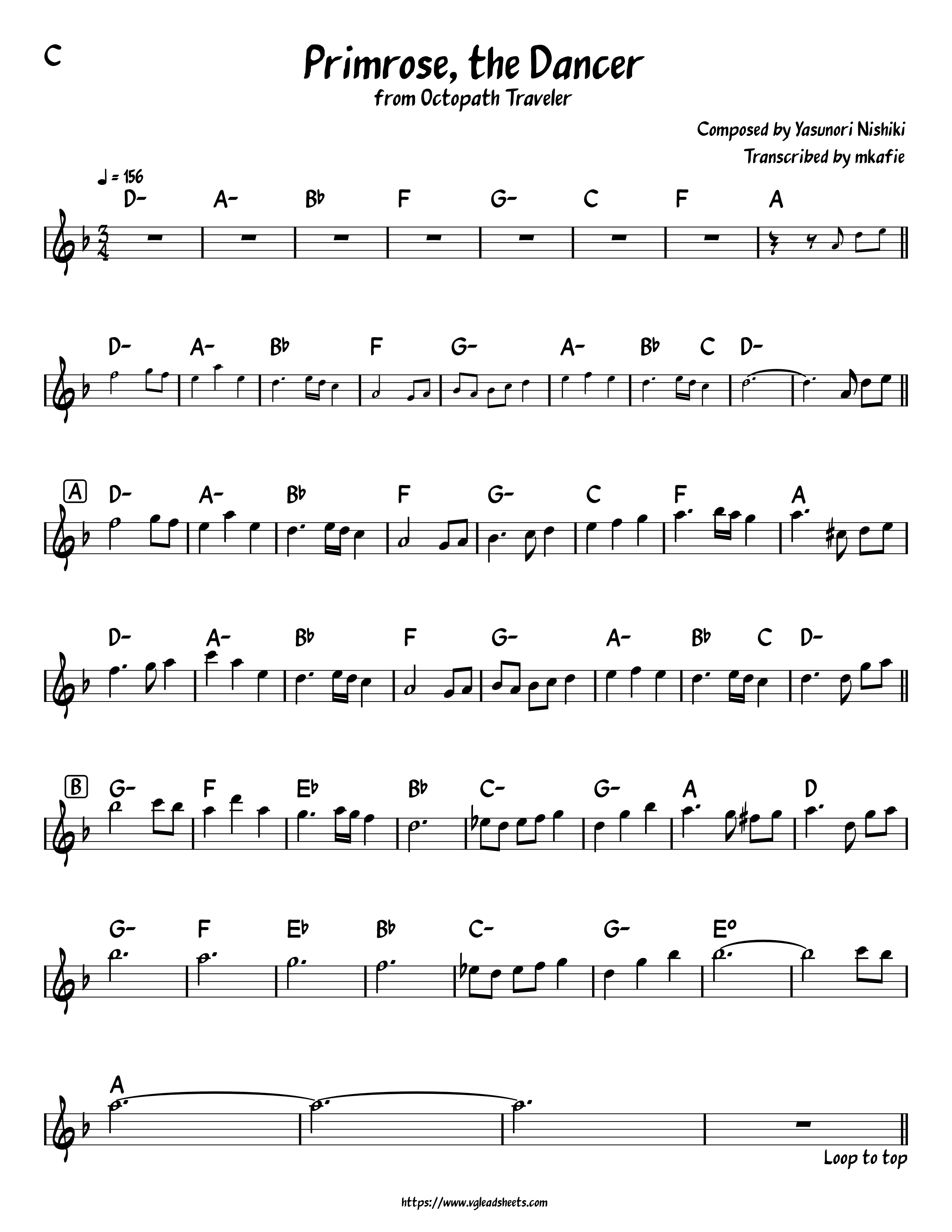 Octopath Traveler - Primrose, the Dancer | VGLeadSheets.com - Lead ...
