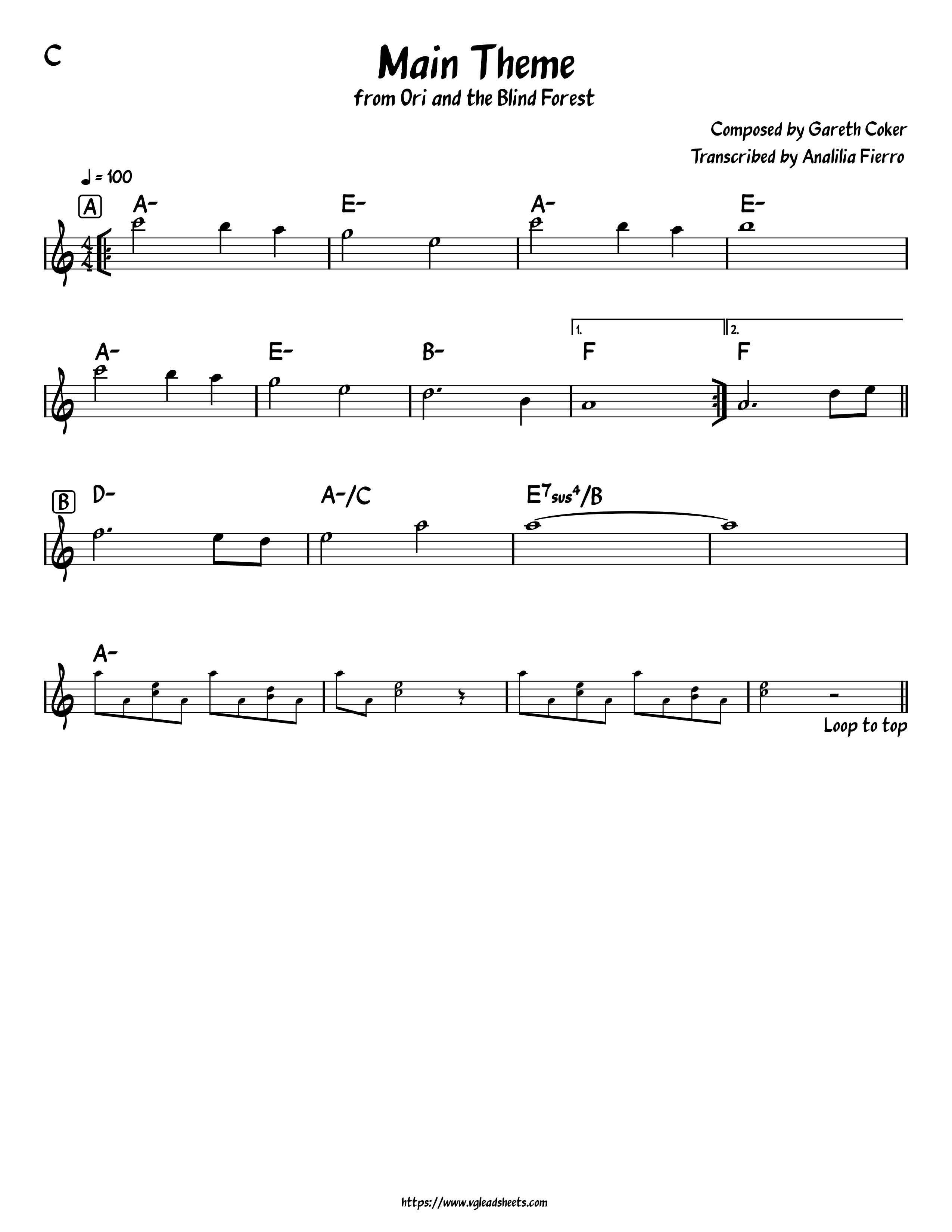 Ori and the Blind Forest - Main Theme | VGLeadSheets.com - Lead Sheets ...