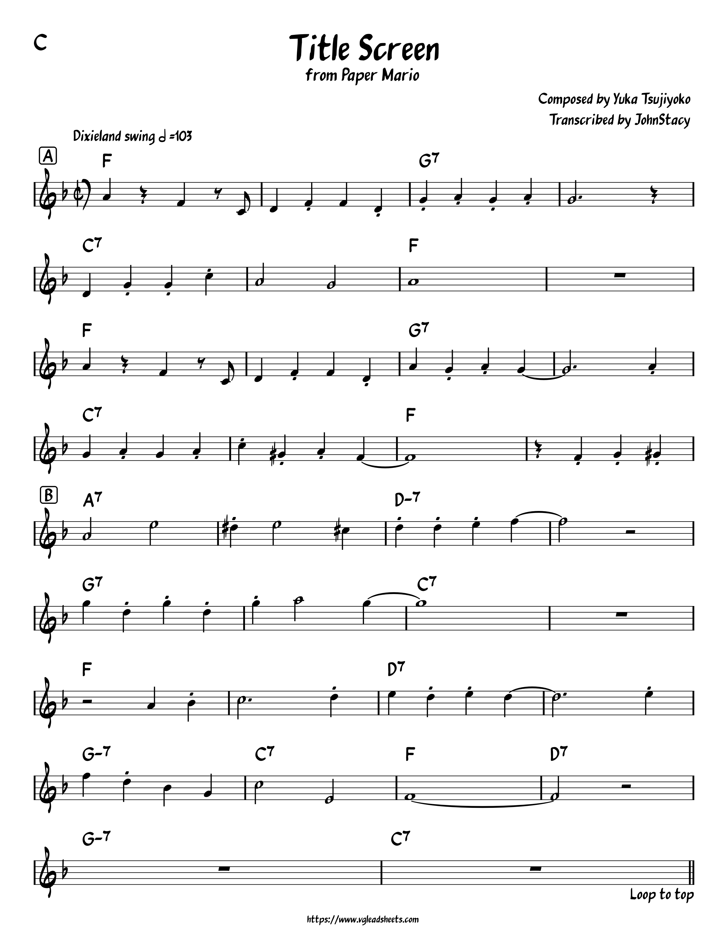 Paper Mario - Title Screen | VGLeadSheets.com - Lead Sheets by Gamers ...