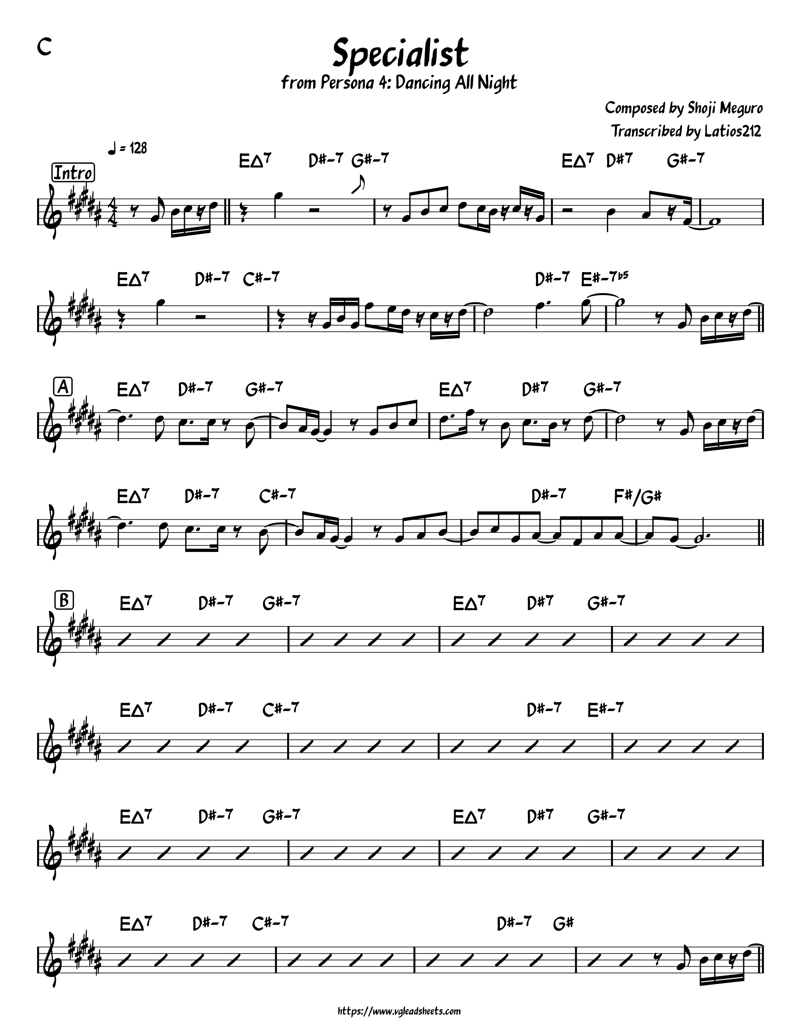 Persona 4: Dancing All Night - Specialist | VGLeadSheets.com - Lead ...