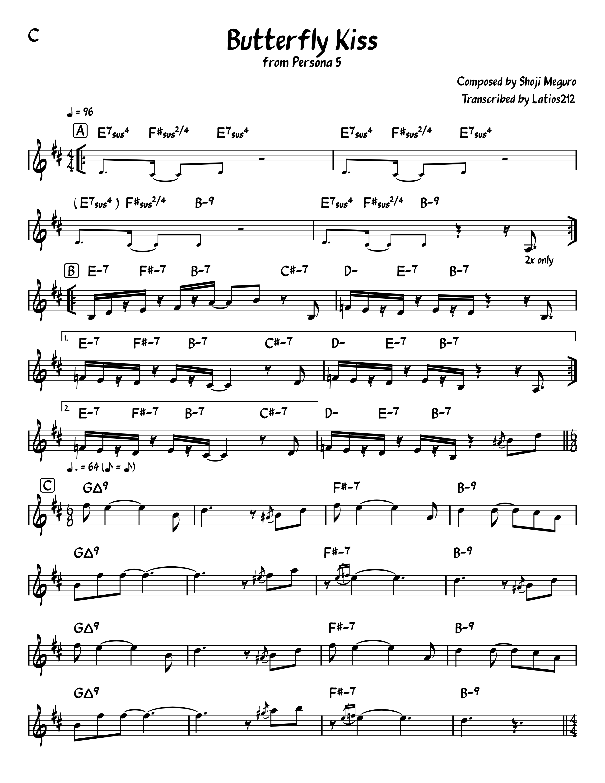 Persona 5 - Butterfly Kiss | VGLeadSheets.com - Lead Sheets by Gamers ...