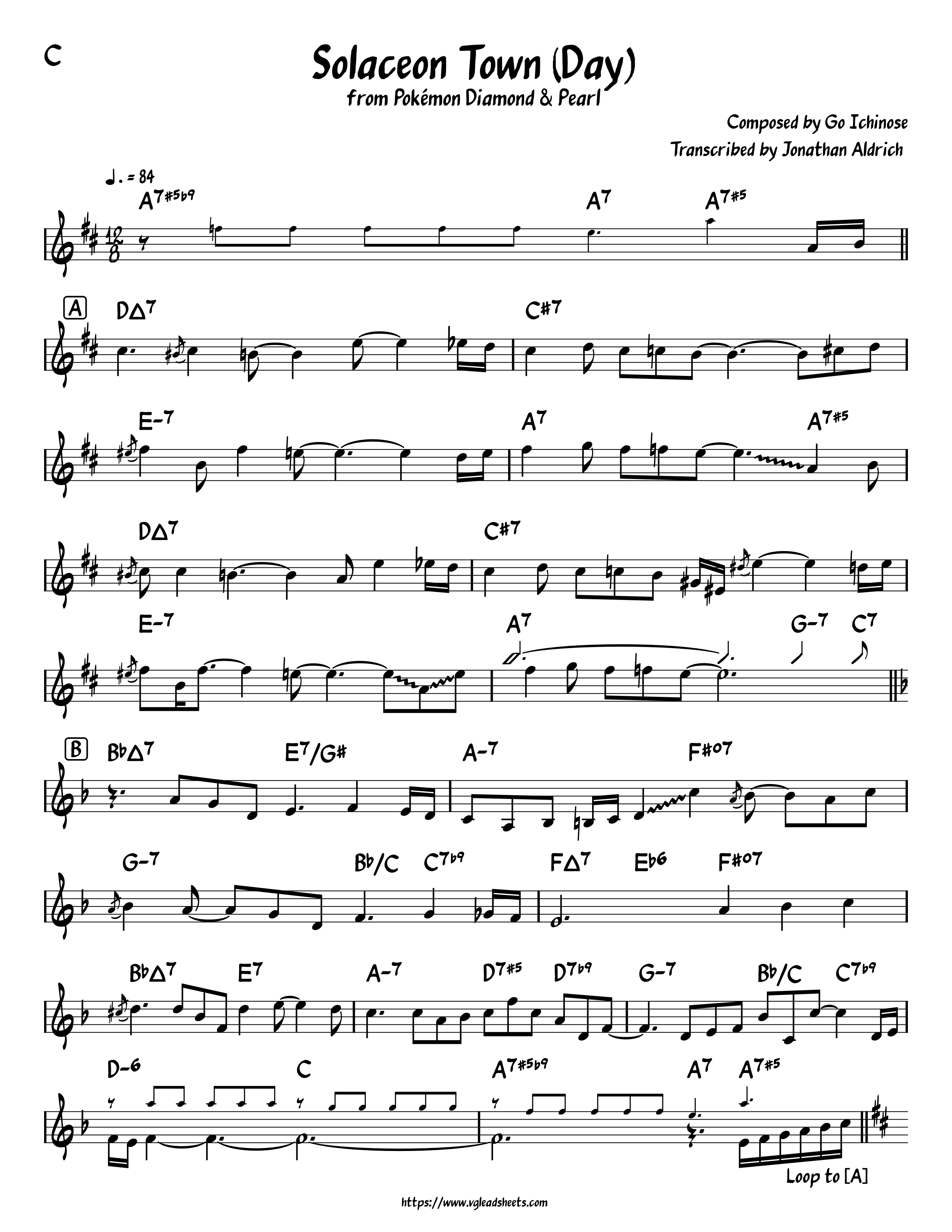 Pokémon Diamond & Pearl - Solaceon Town (Day) | VGLeadSheets.com - Lead ...