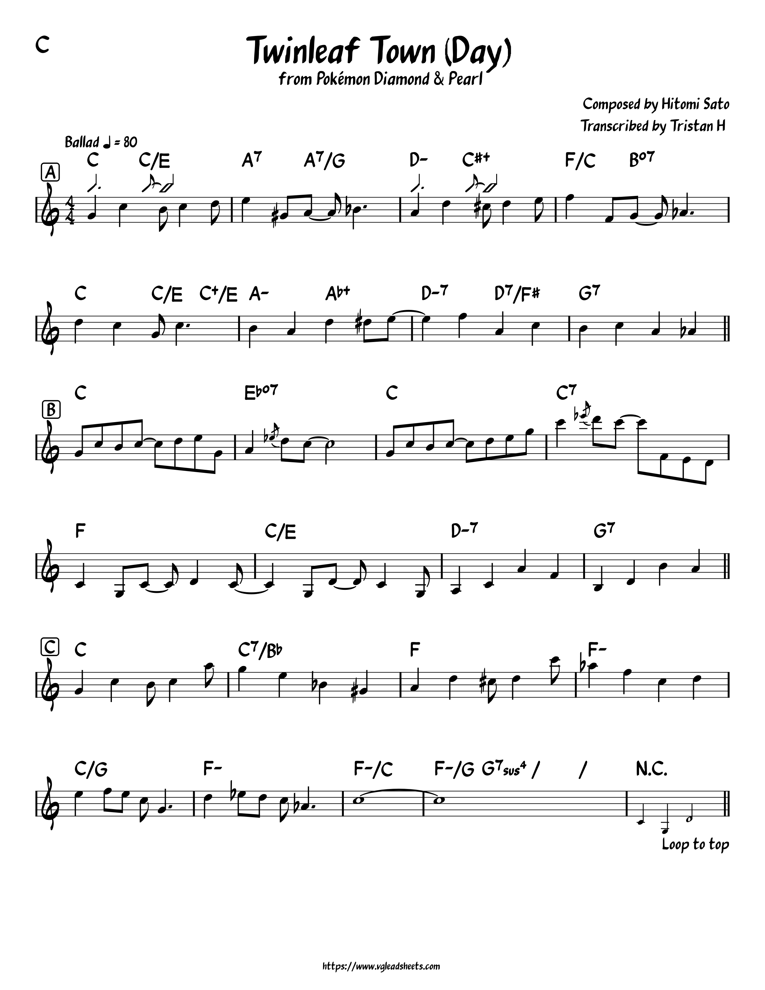 Pokémon Diamond & Pearl - Twinleaf Town (Day) | VGLeadSheets.com - Lead ...