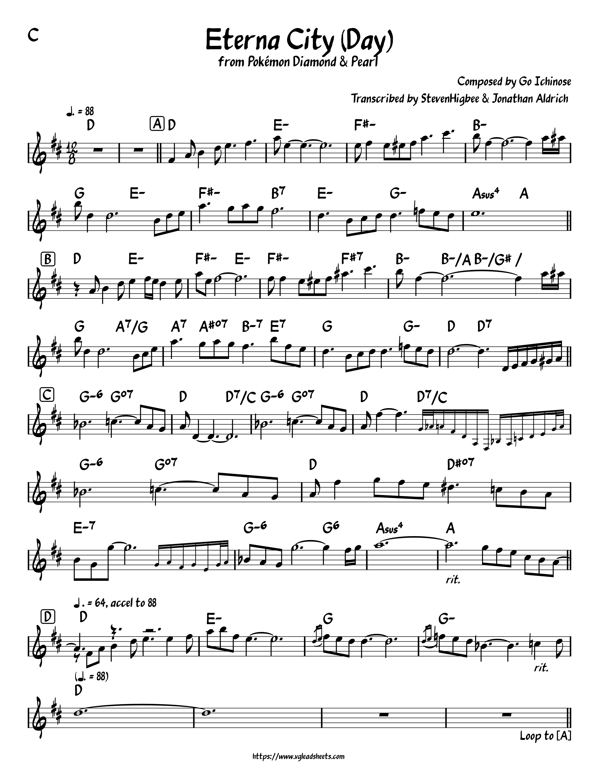 Pokémon Diamond & Pearl - Eterna City (Day) | VGLeadSheets.com - Lead ...