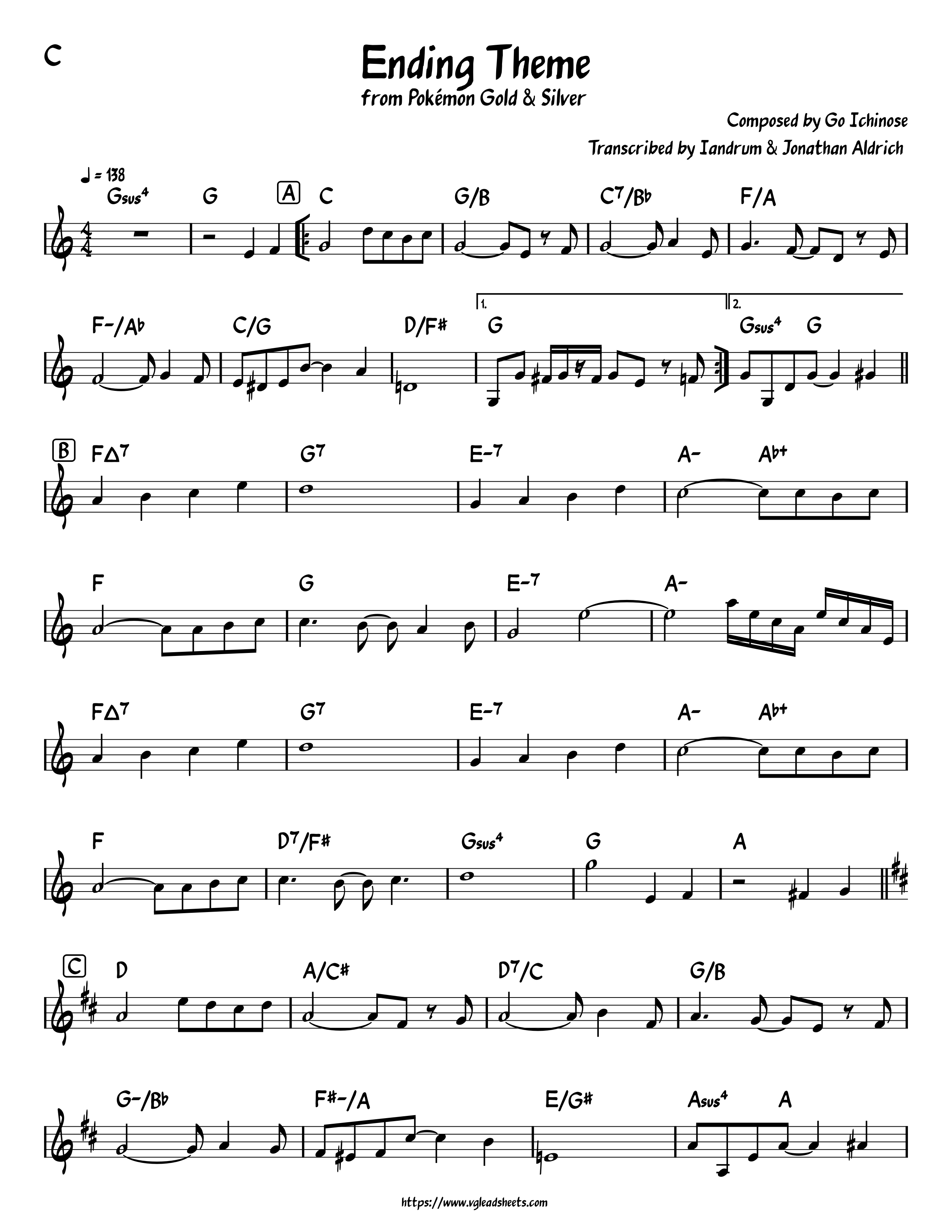 Pokémon Gold & Silver - Ending Theme | VGLeadSheets.com - Lead Sheets ...