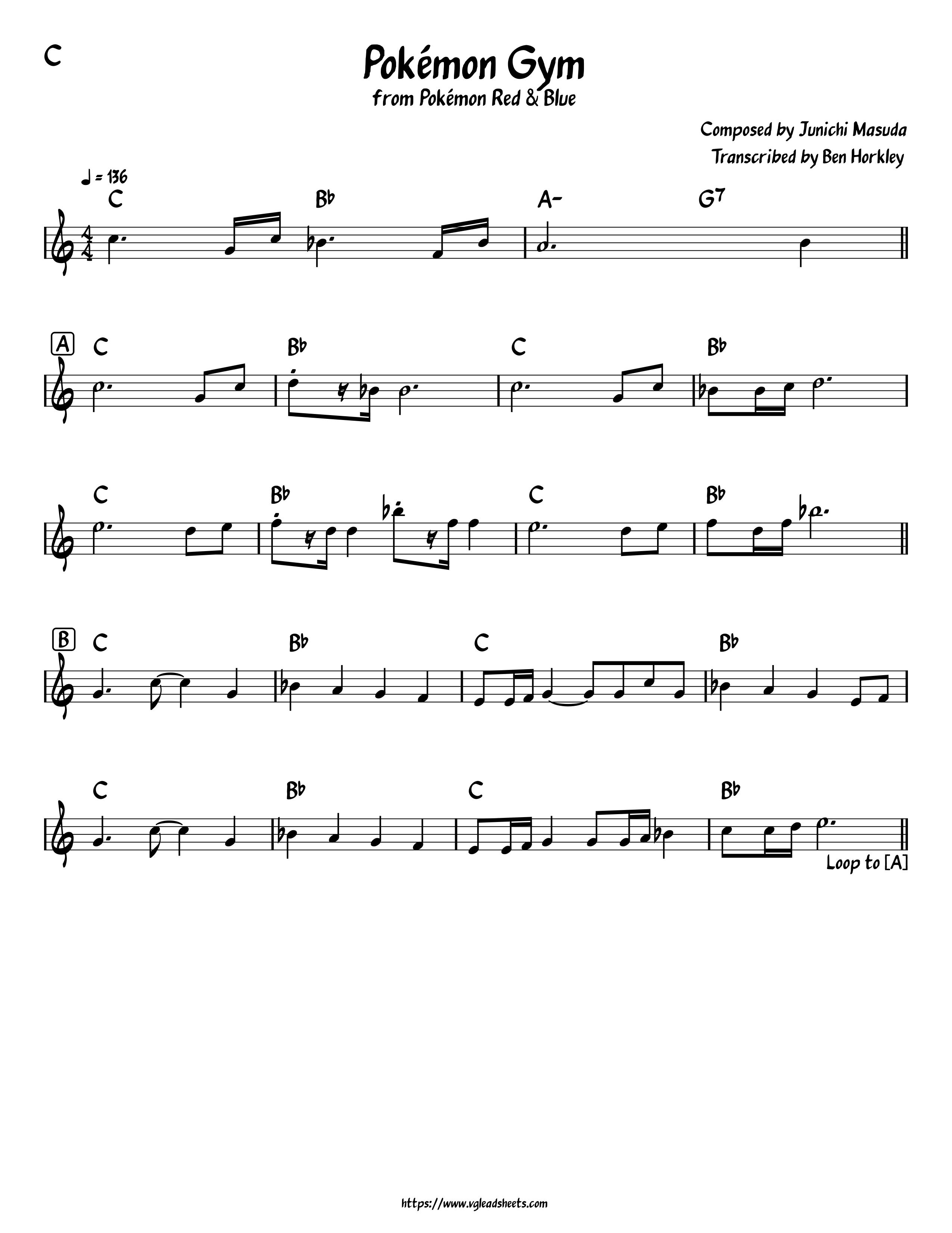 Pokémon Red & Blue - Pokémon Gym | VGLeadSheets.com - Lead Sheets by ...