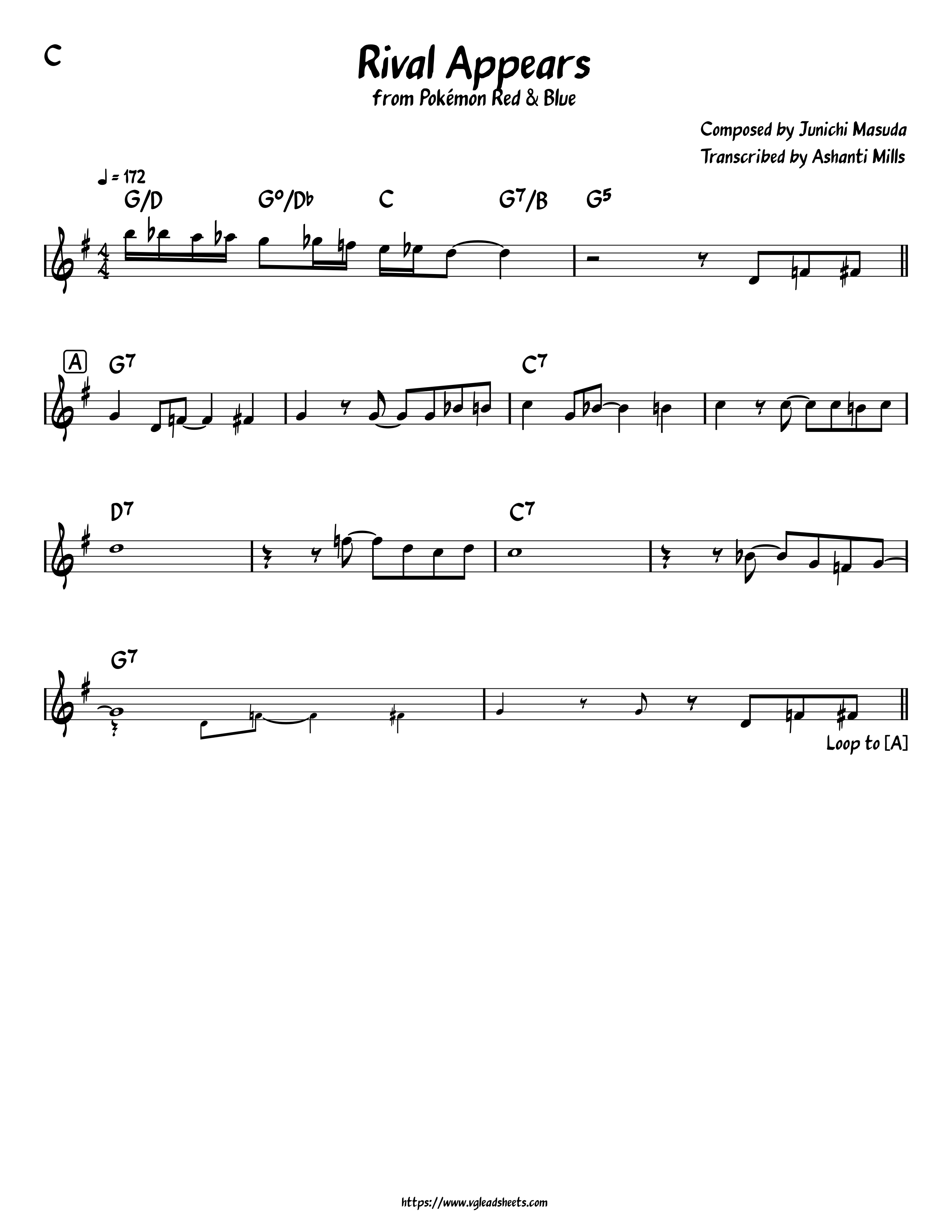 Pokémon Red & Blue - Rival Appears | VGLeadSheets.com - Lead Sheets by ...