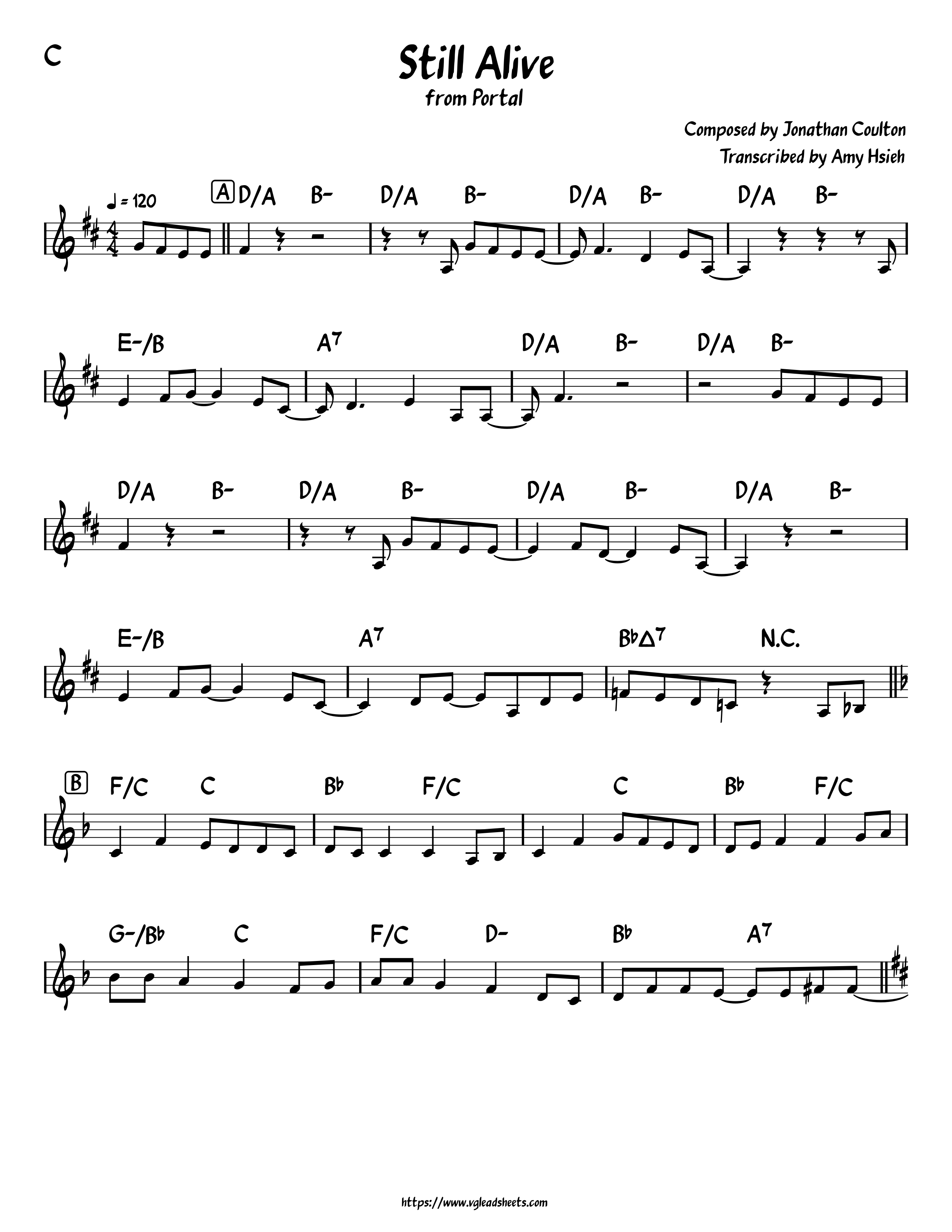 Portal - Still Alive | VGLeadSheets.com - Lead Sheets by Gamers, for ...