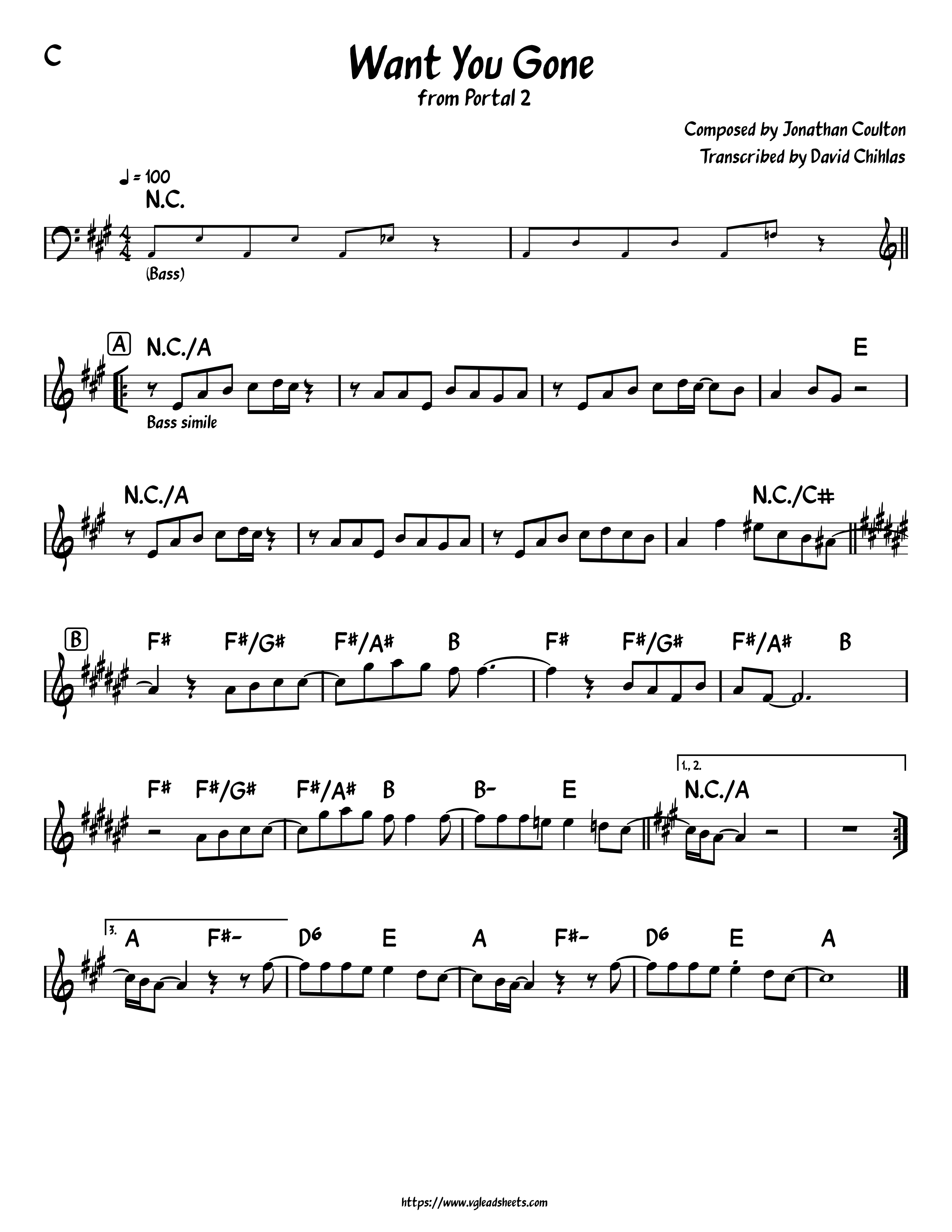 Portal 2 - Want You Gone | VGLeadSheets.com - Lead Sheets by Gamers ...