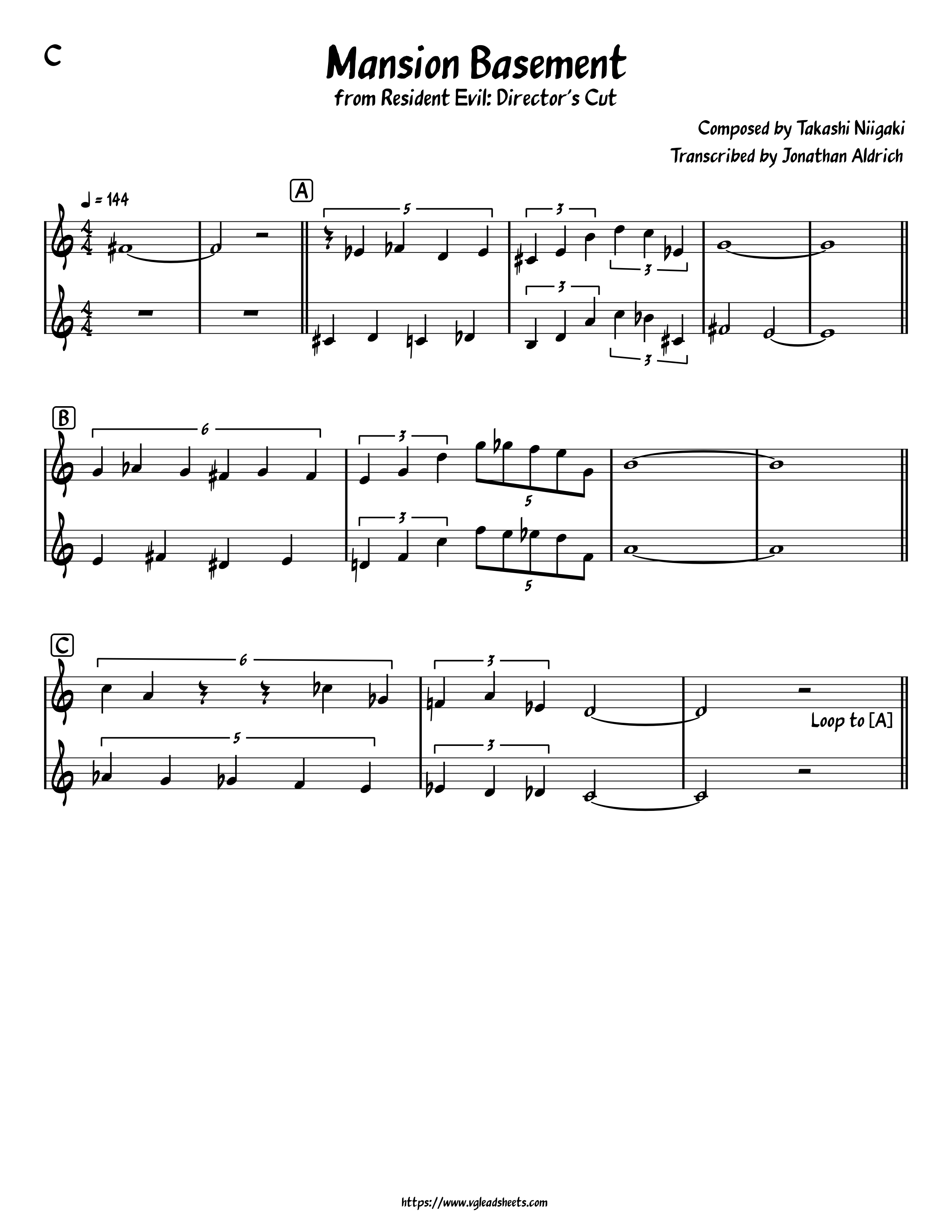 Resident Evil: Director's Cut - Mansion Basement | VGLeadSheets.com ...