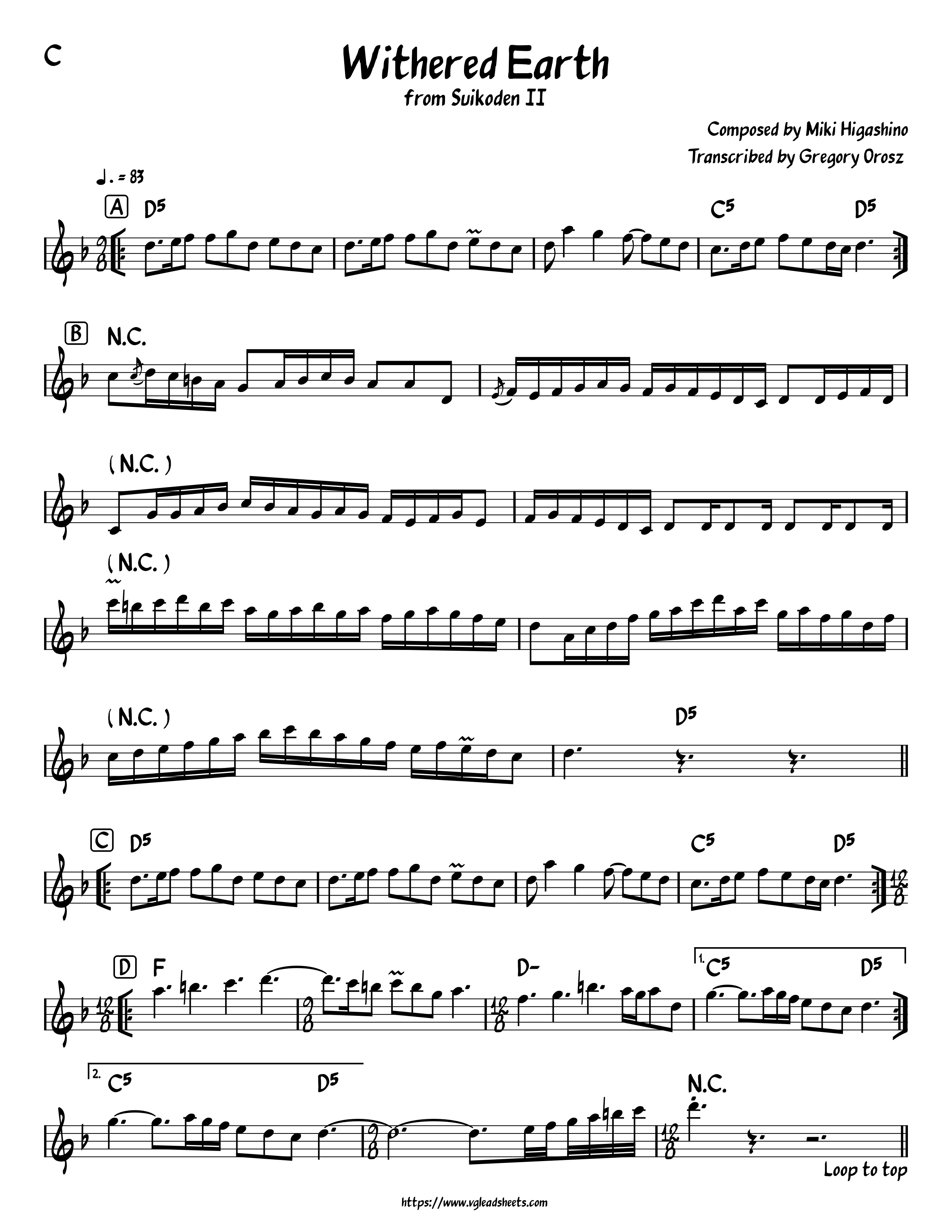 Suikoden II - Withered Earth | VGLeadSheets.com - Lead Sheets by Gamers ...