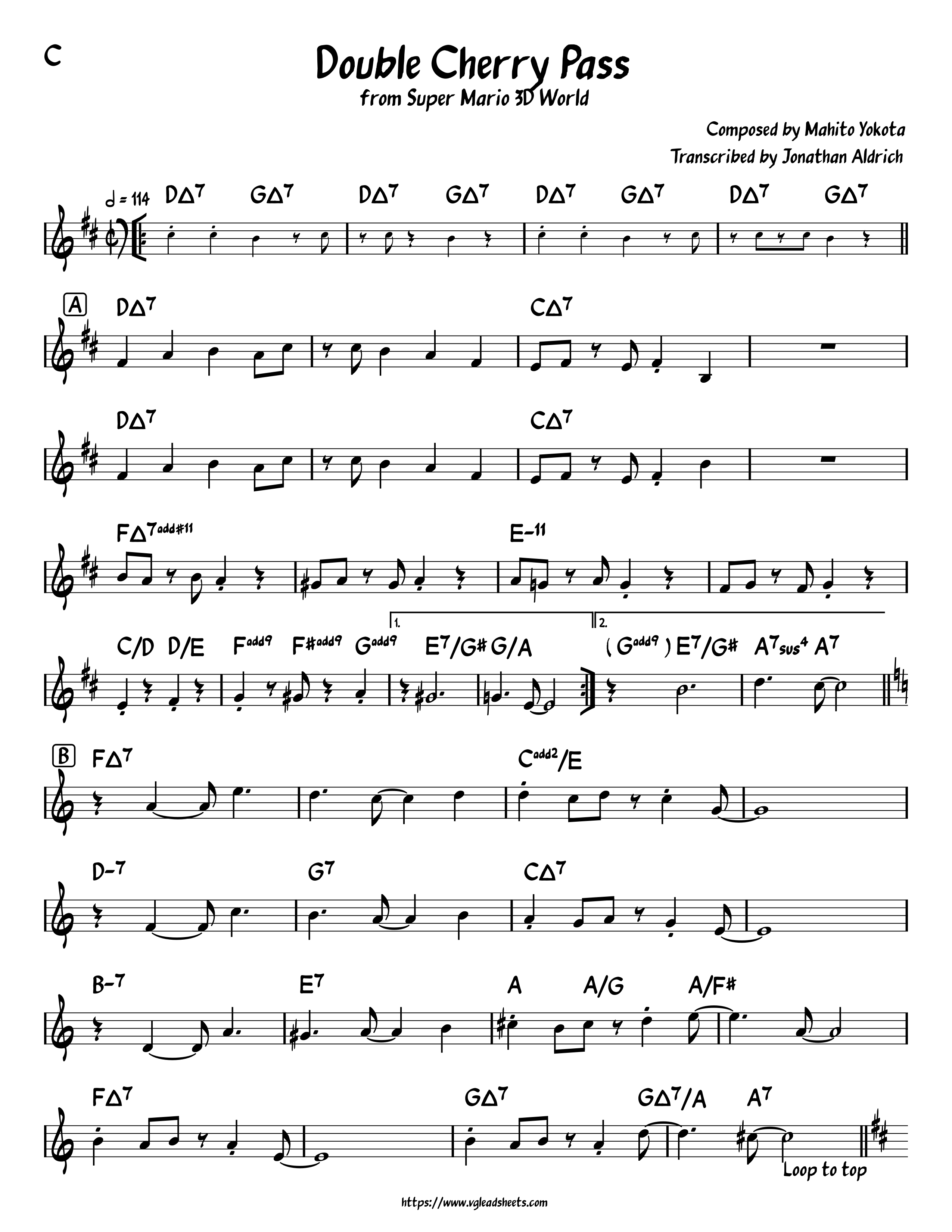 Super Mario 3D World - Double Cherry Pass | VGLeadSheets.com - Lead ...