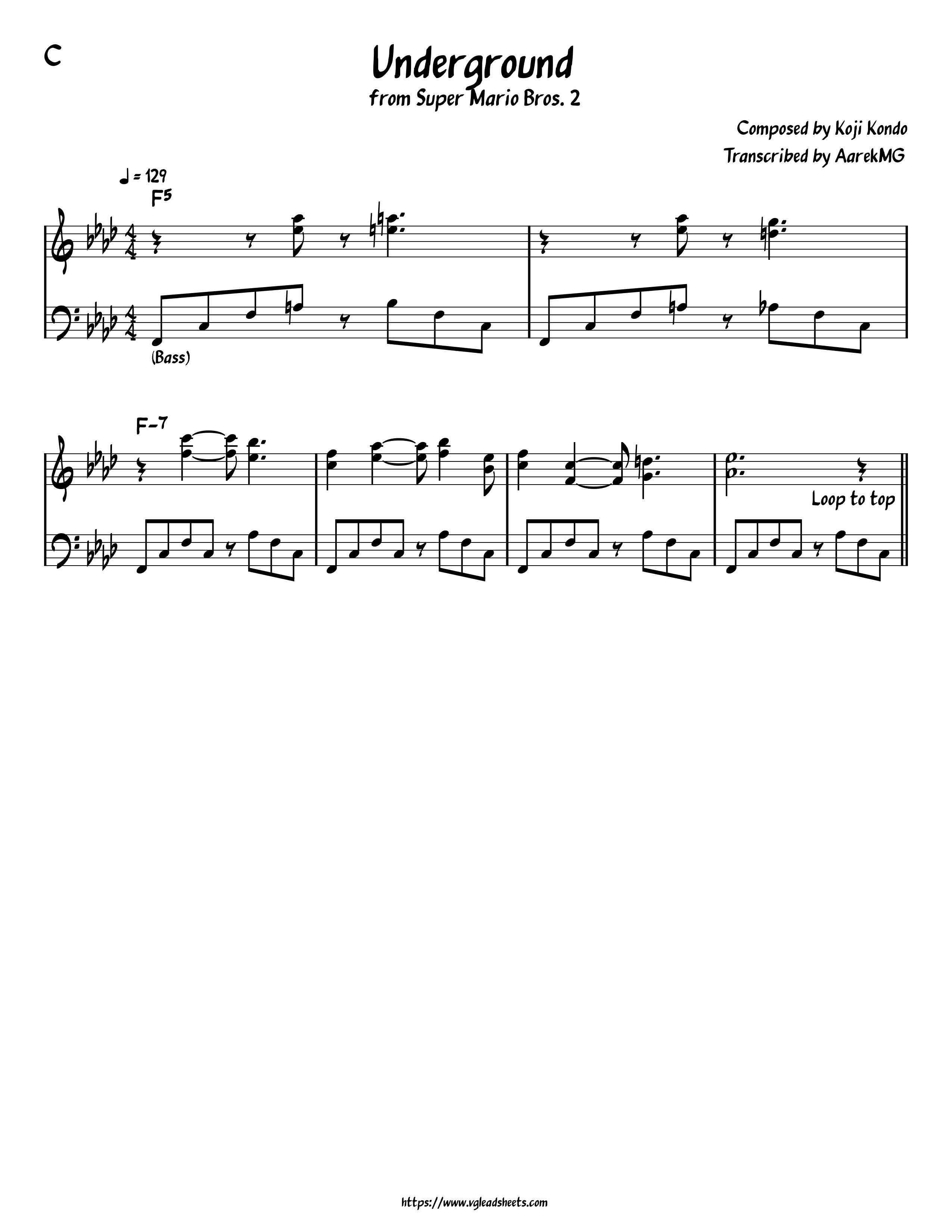 Super Mario Bros. 2 - Underground | VGLeadSheets.com - Lead Sheets by ...