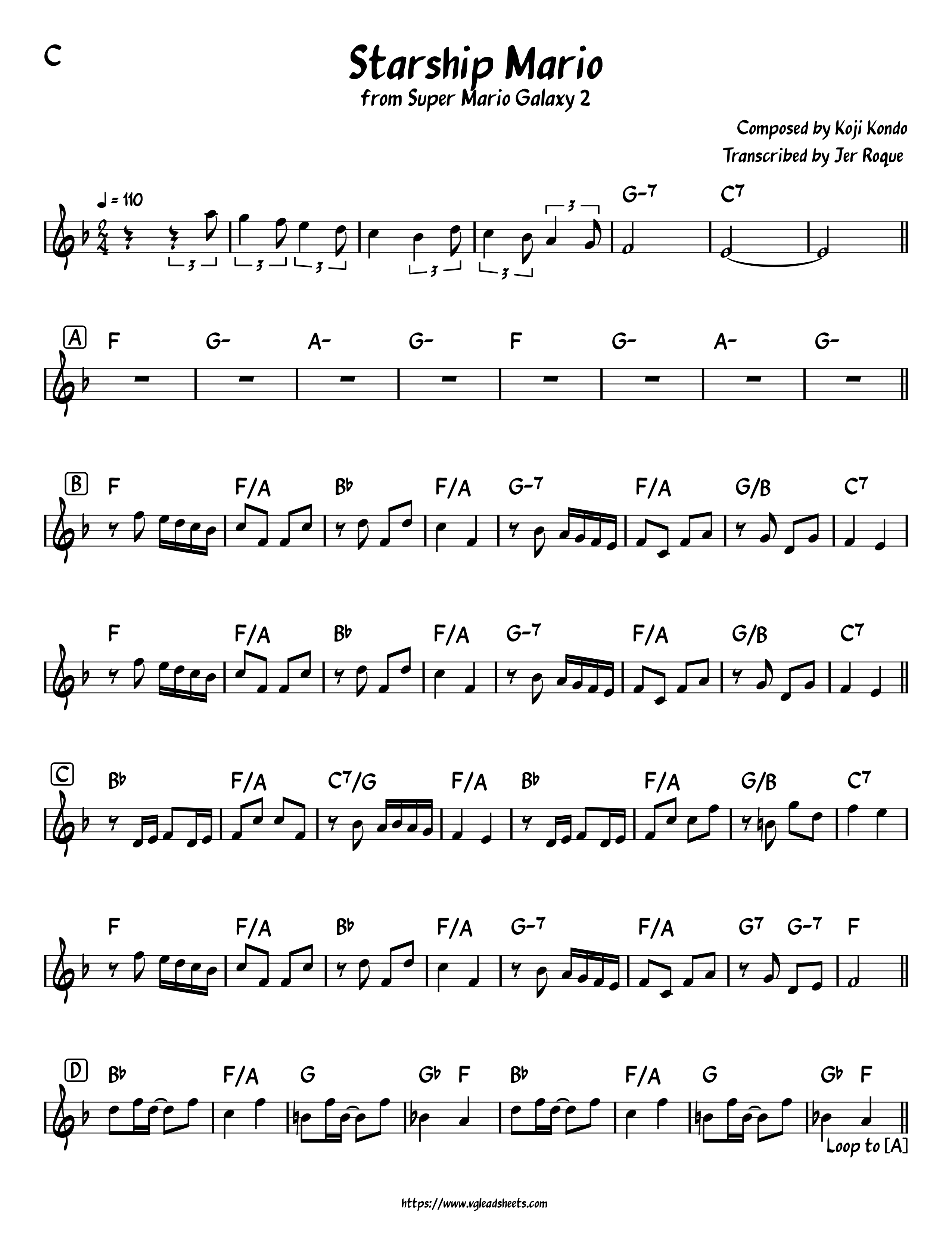 Super Mario Galaxy 2 - Starship Mario | VGLeadSheets.com - Lead Sheets ...