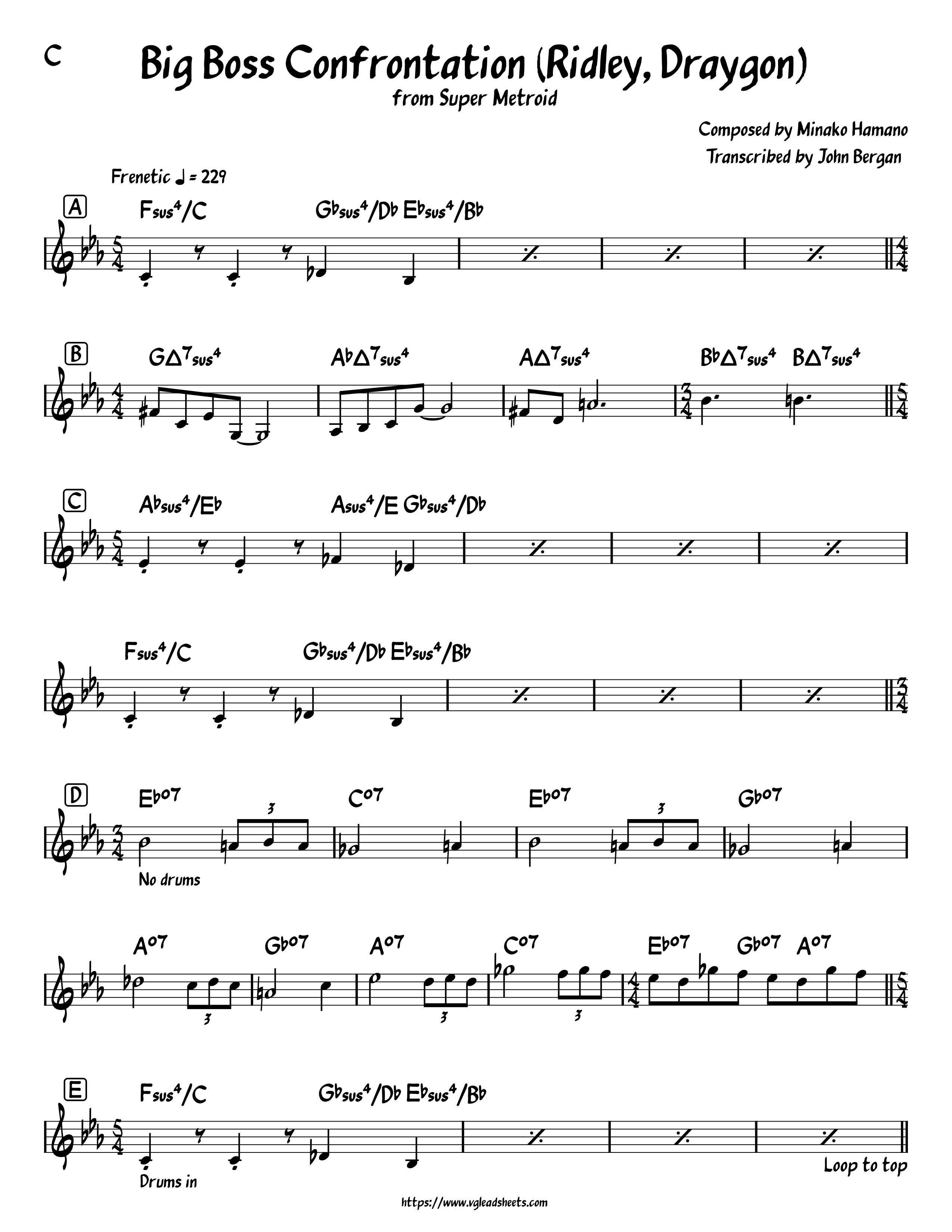 Super Metroid - Big Boss Confrontation (Ridley, Draygon) | VGLeadSheets ...