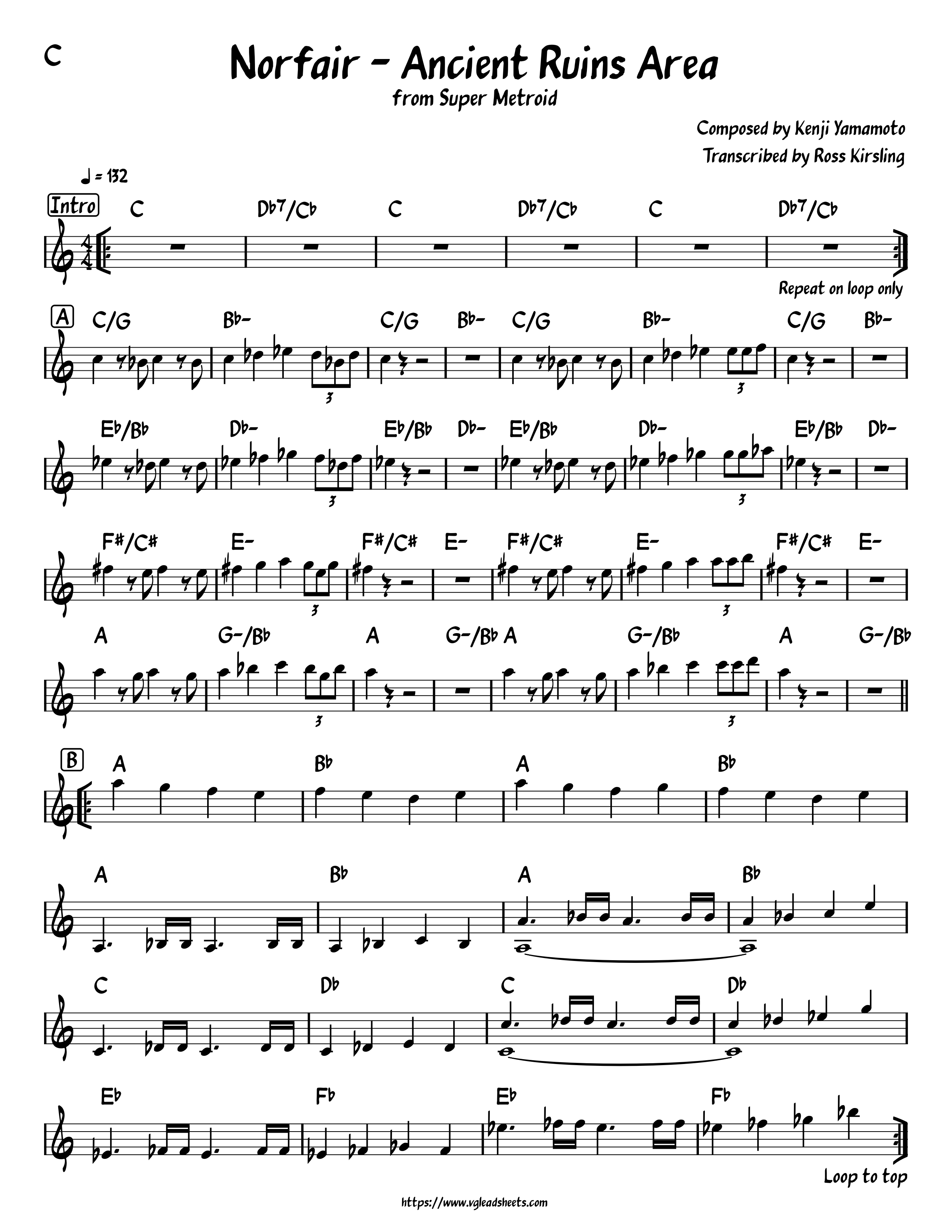 Super Metroid - Norfair - Ancient Ruins Area | VGLeadSheets.com - Lead ...