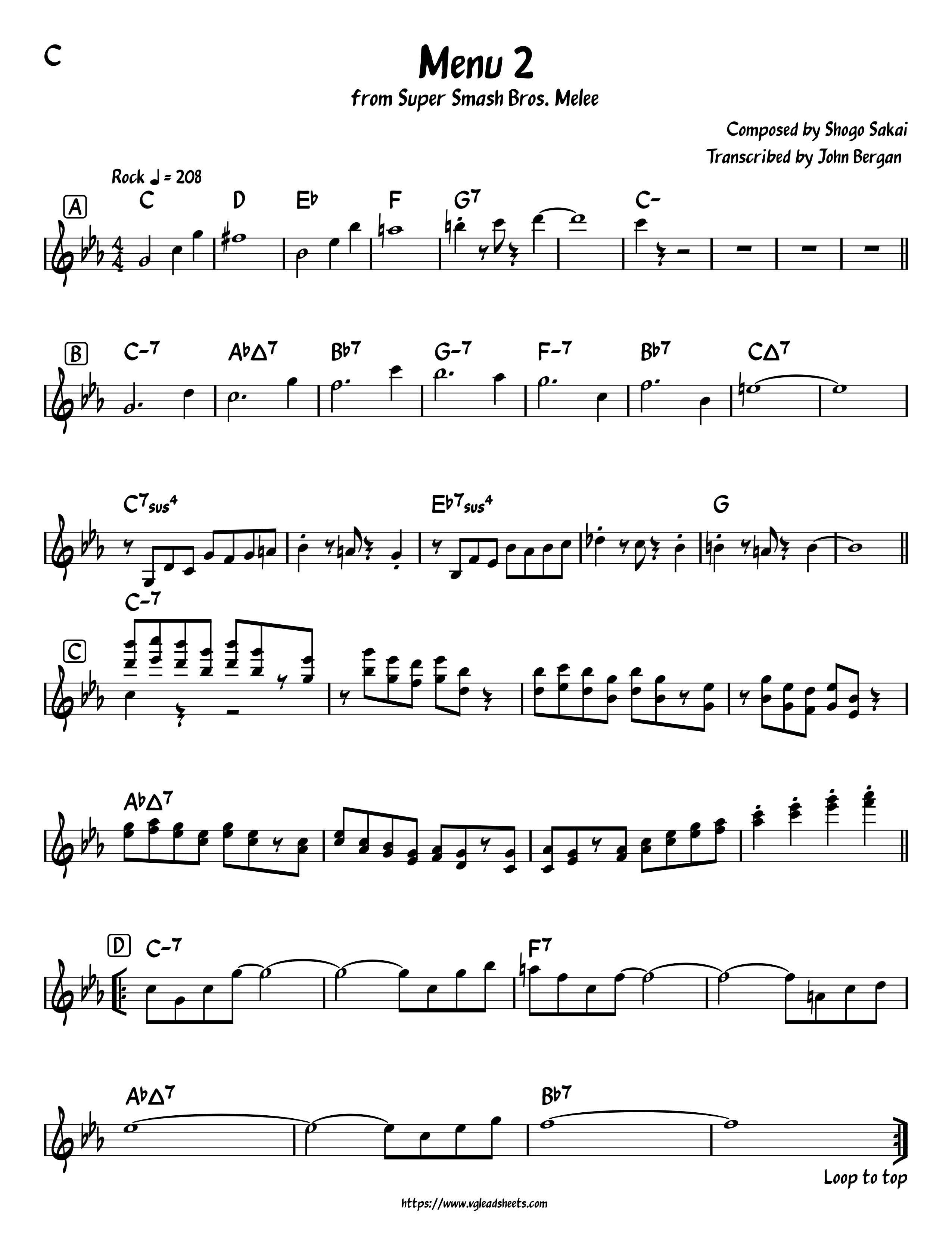 Super Smash Bros. Melee - Menu 2 | VGLeadSheets.com - Lead Sheets by ...