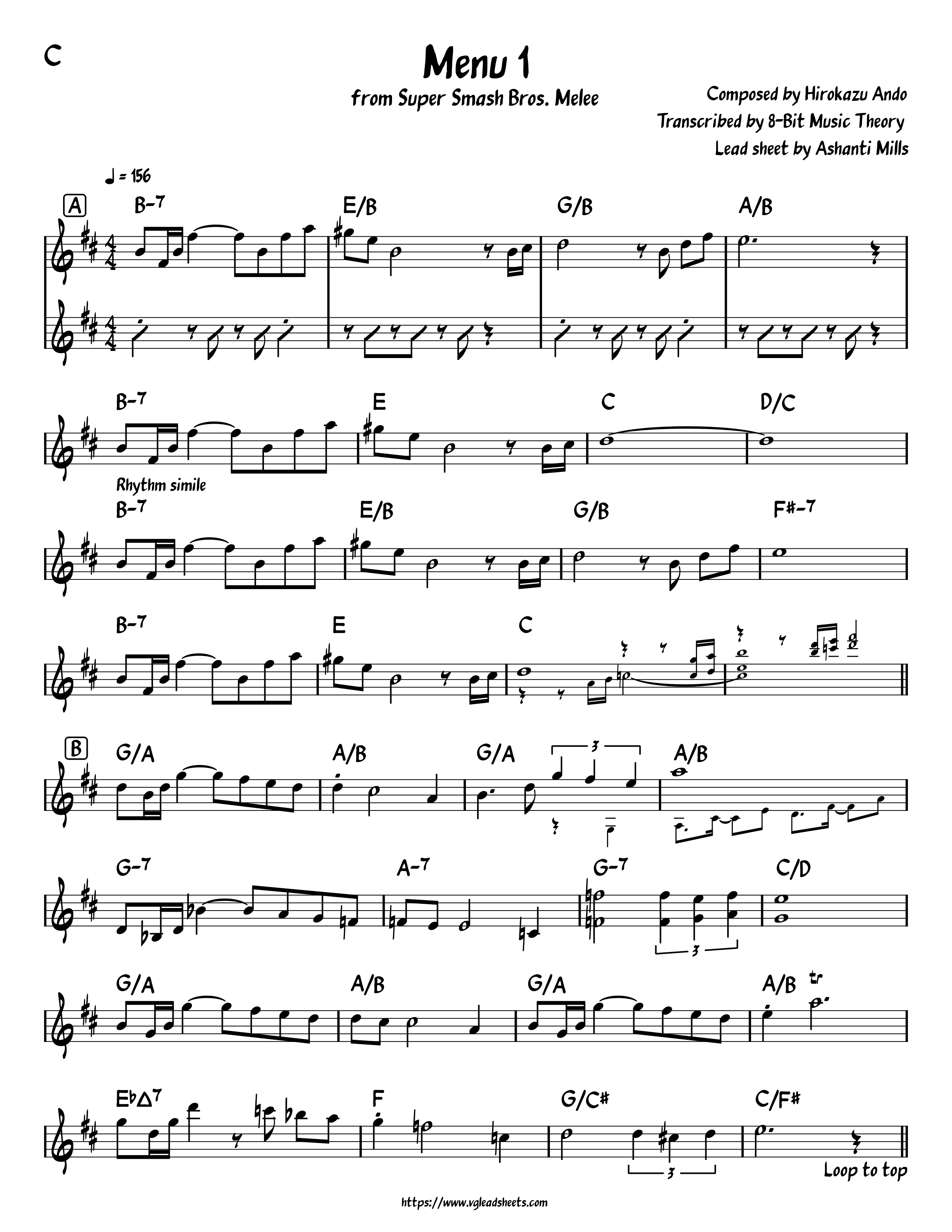 Super Smash Bros. Melee - Menu 1 | VGLeadSheets.com - Lead Sheets by ...