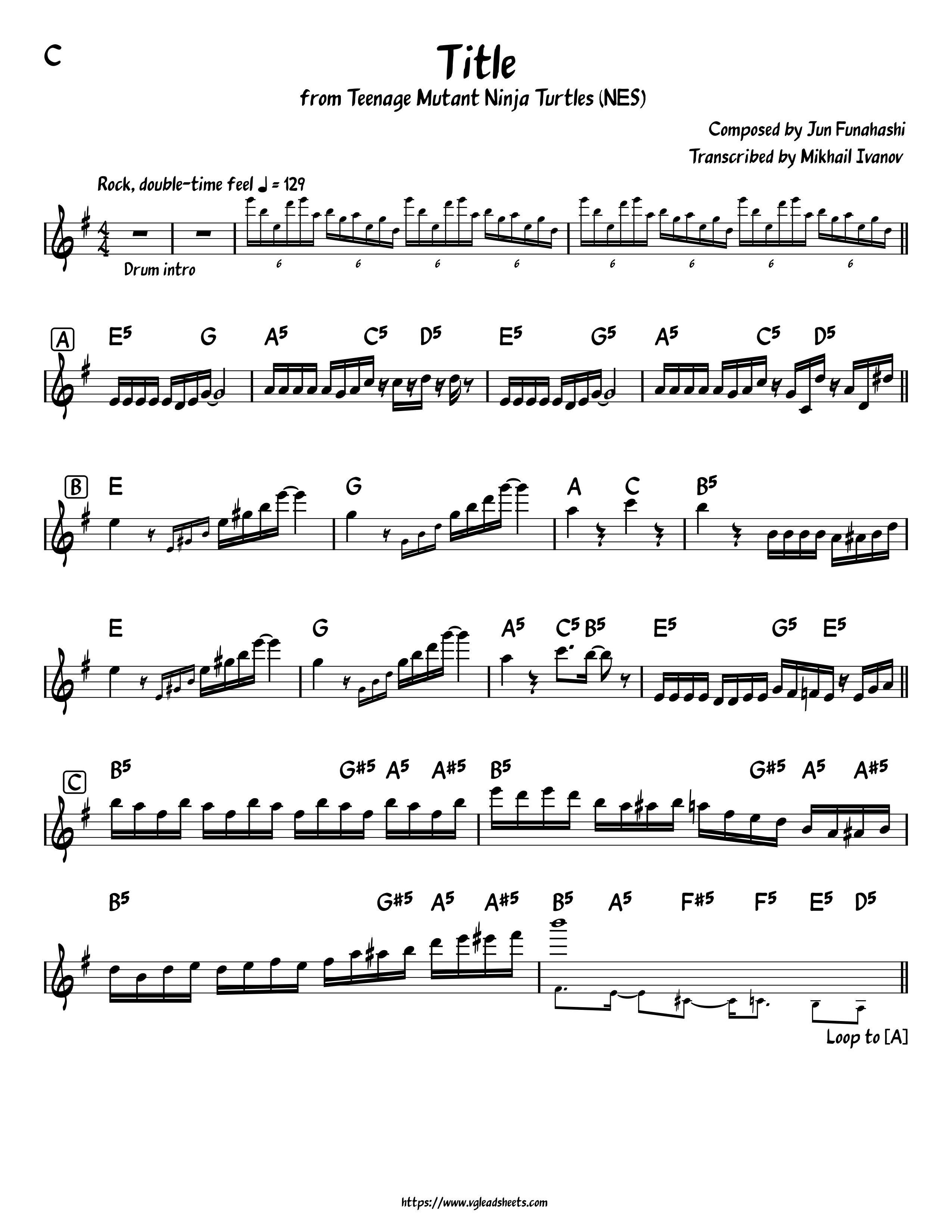 Teenage Mutant Ninja Turtles (NES) - Title | VGLeadSheets.com - Lead ...