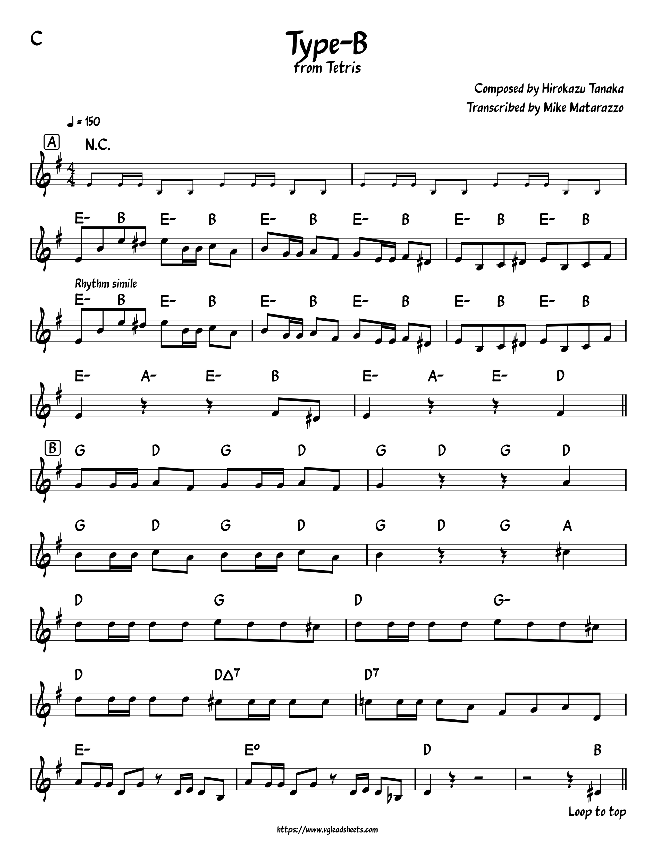 Tetris - Type-B | VGLeadSheets.com - Lead Sheets by Gamers, for Everybody