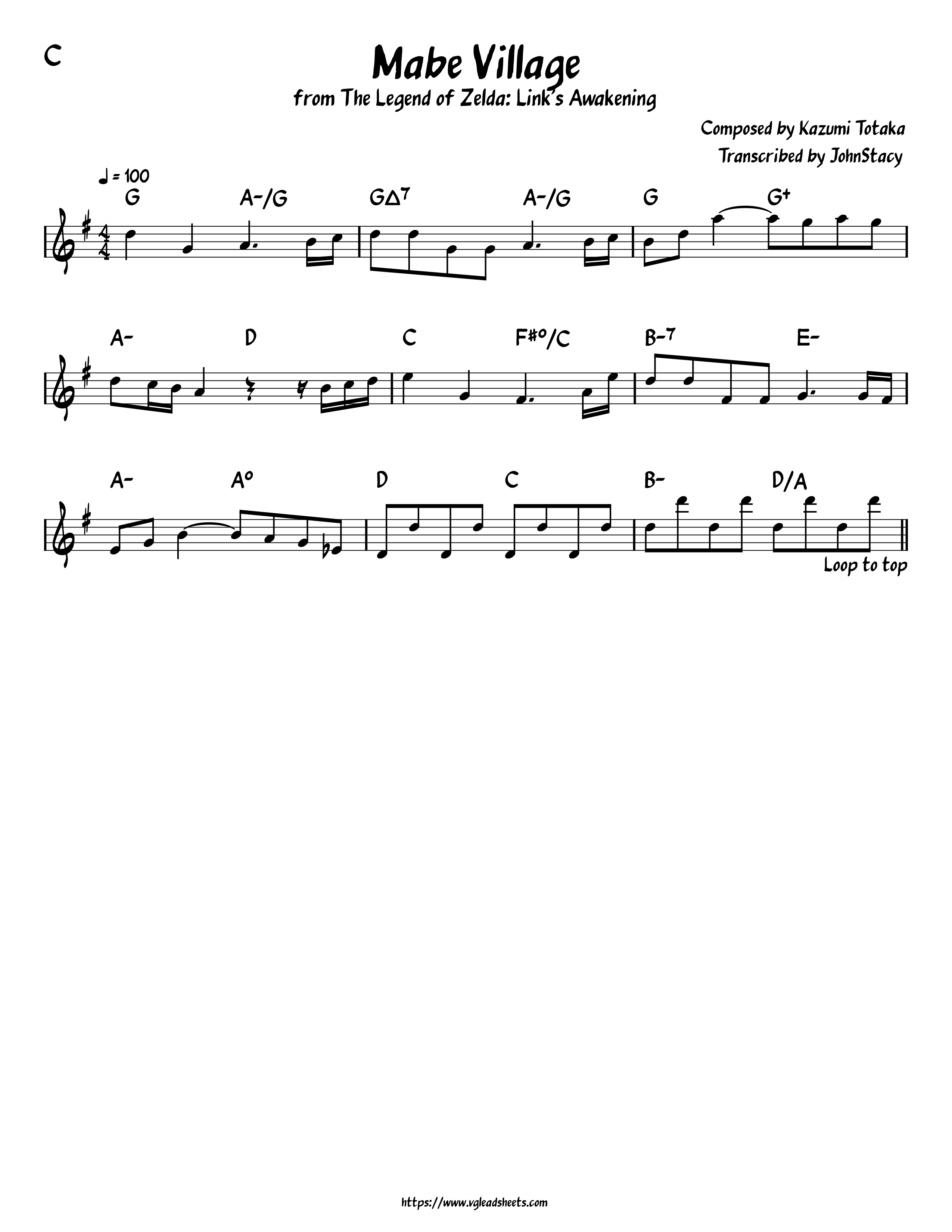 The Legend of Zelda: Link's Awakening - Mabe Village | VGLeadSheets.com ...