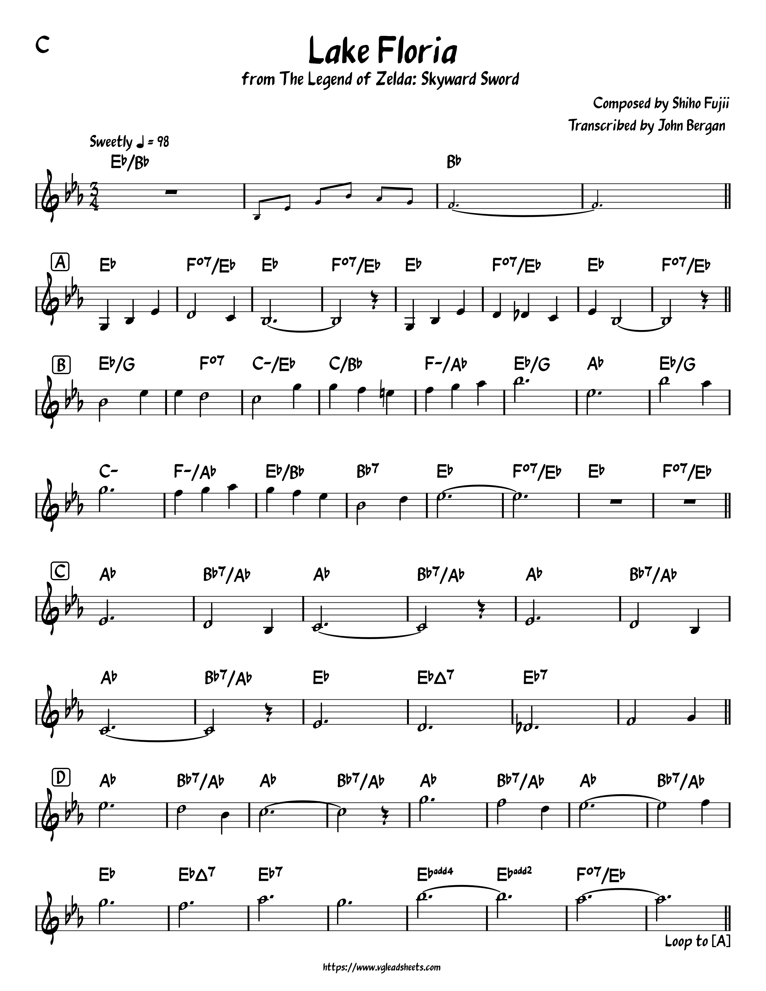 The Legend of Zelda: Skyward Sword - Lake Floria | VGLeadSheets.com ...