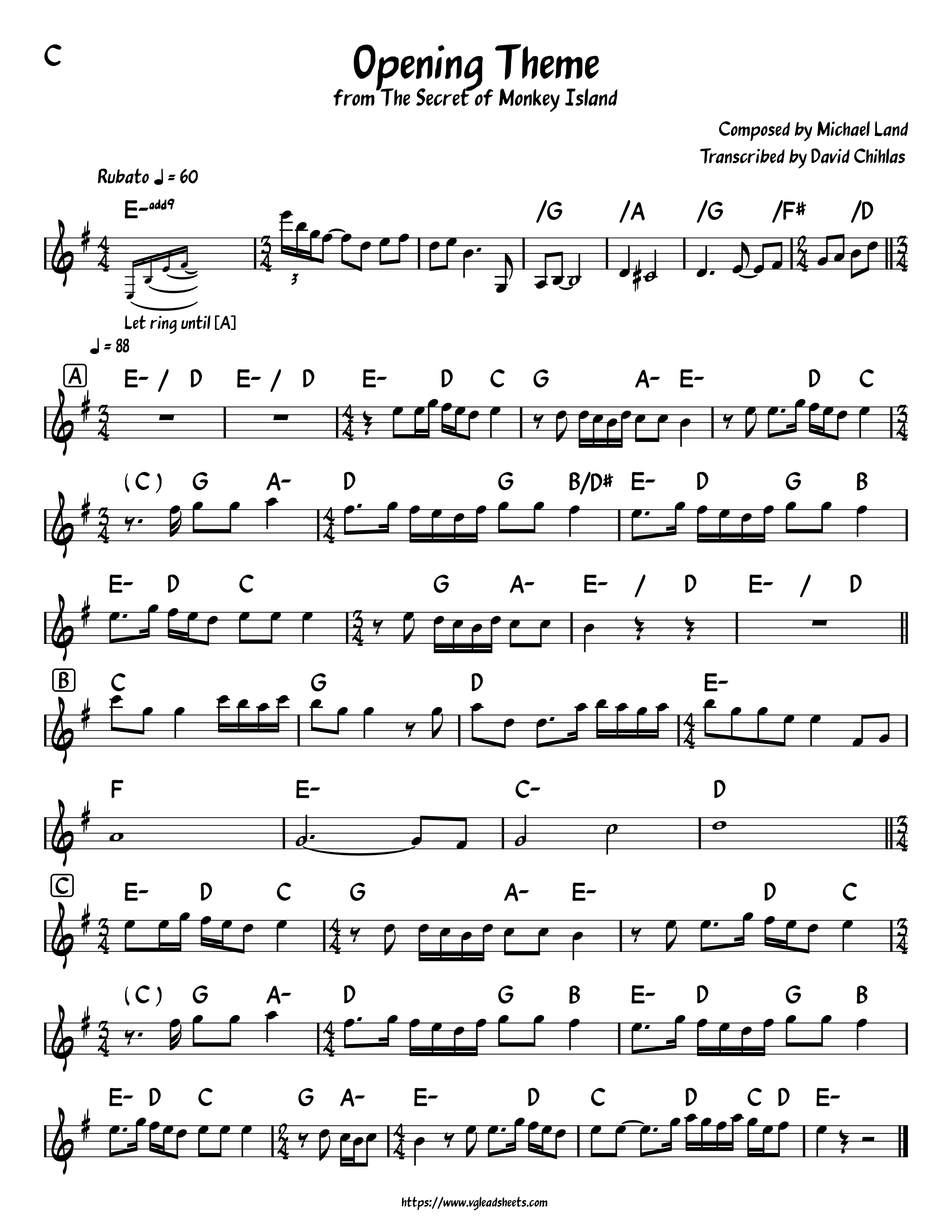 The Secret of Monkey Island - Opening Theme | VGLeadSheets.com - Lead ...